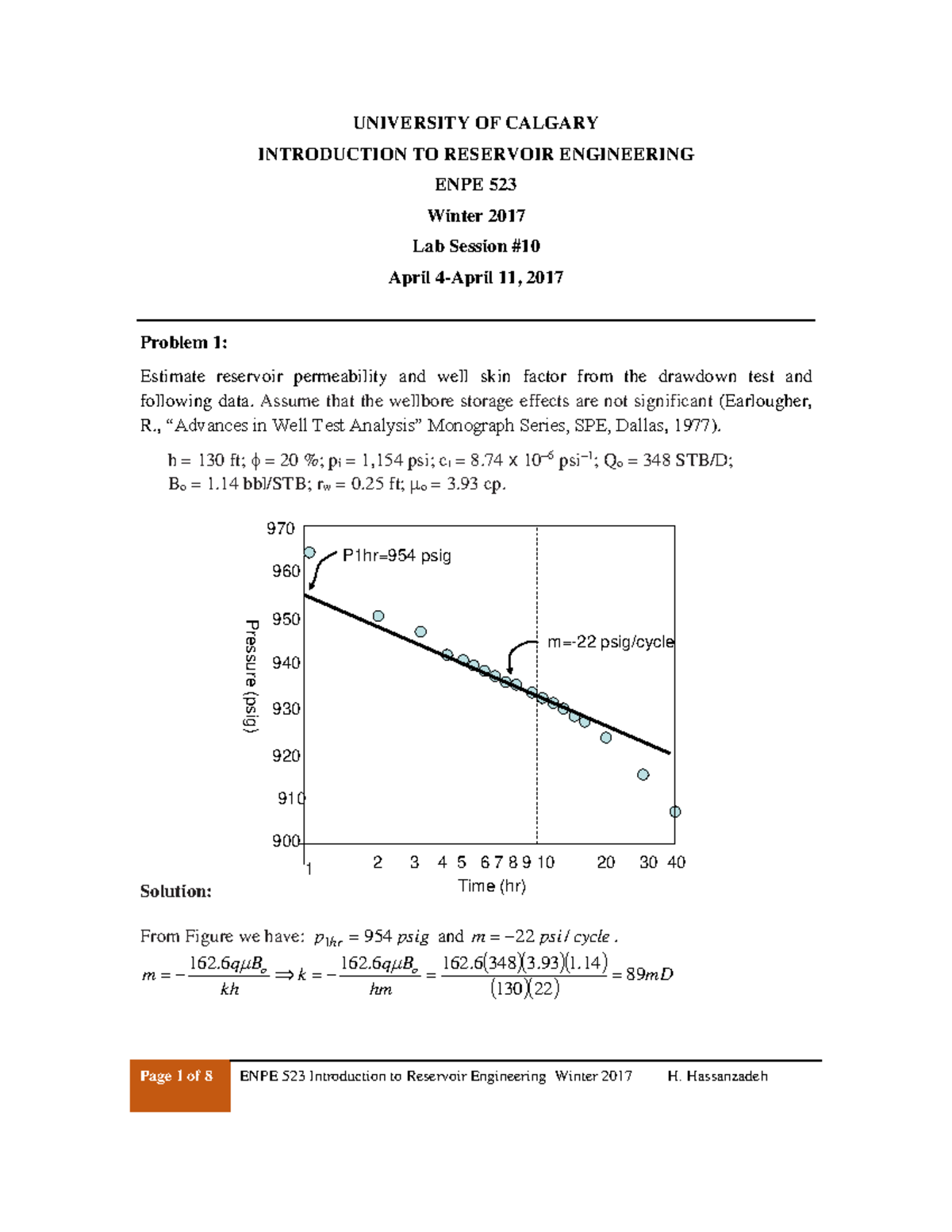 10-Lab problems. Well testing-solution - UNIVERSITY OF CALGARY ...