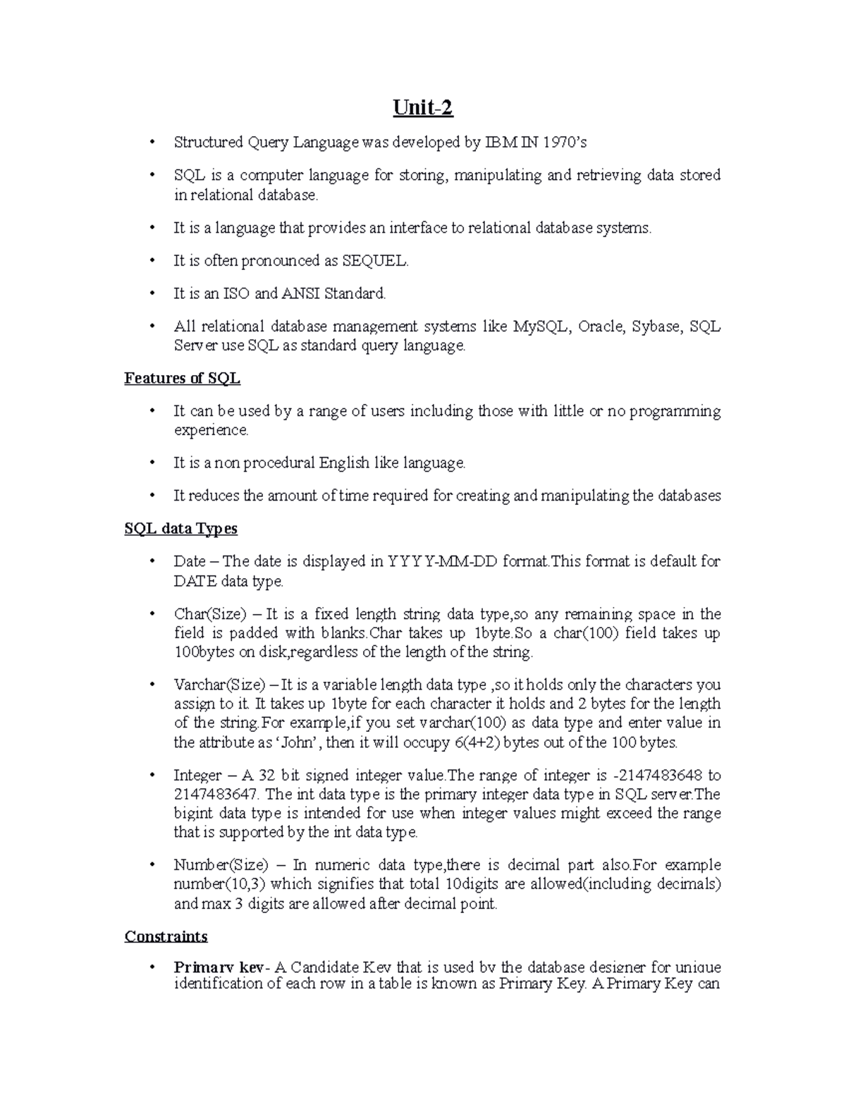 Unit-2 - Lecture notes 3-7 - Unit- Structured Query Language was ...