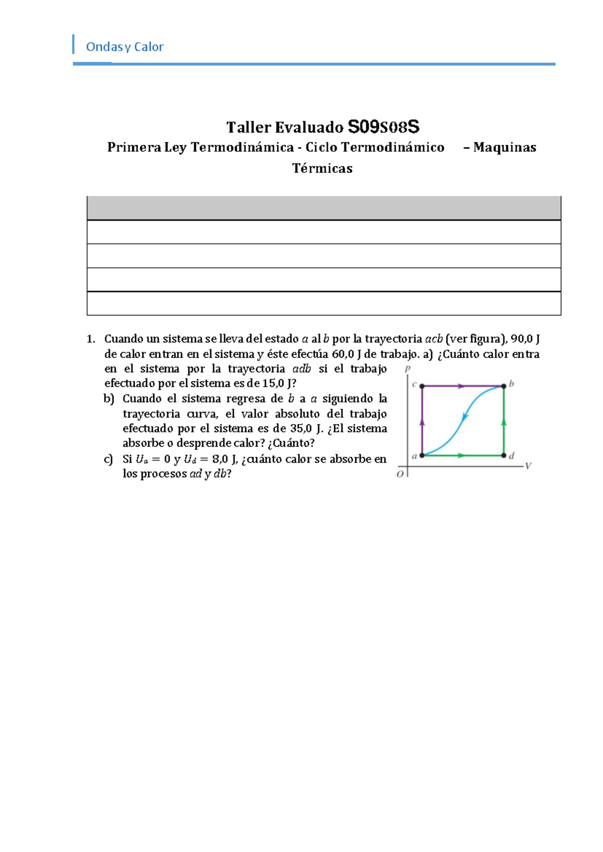 Taller evaluado 9 - ..... - Taller Evaluado S09S08S Primera Ley Termodinámica - Ciclo ...