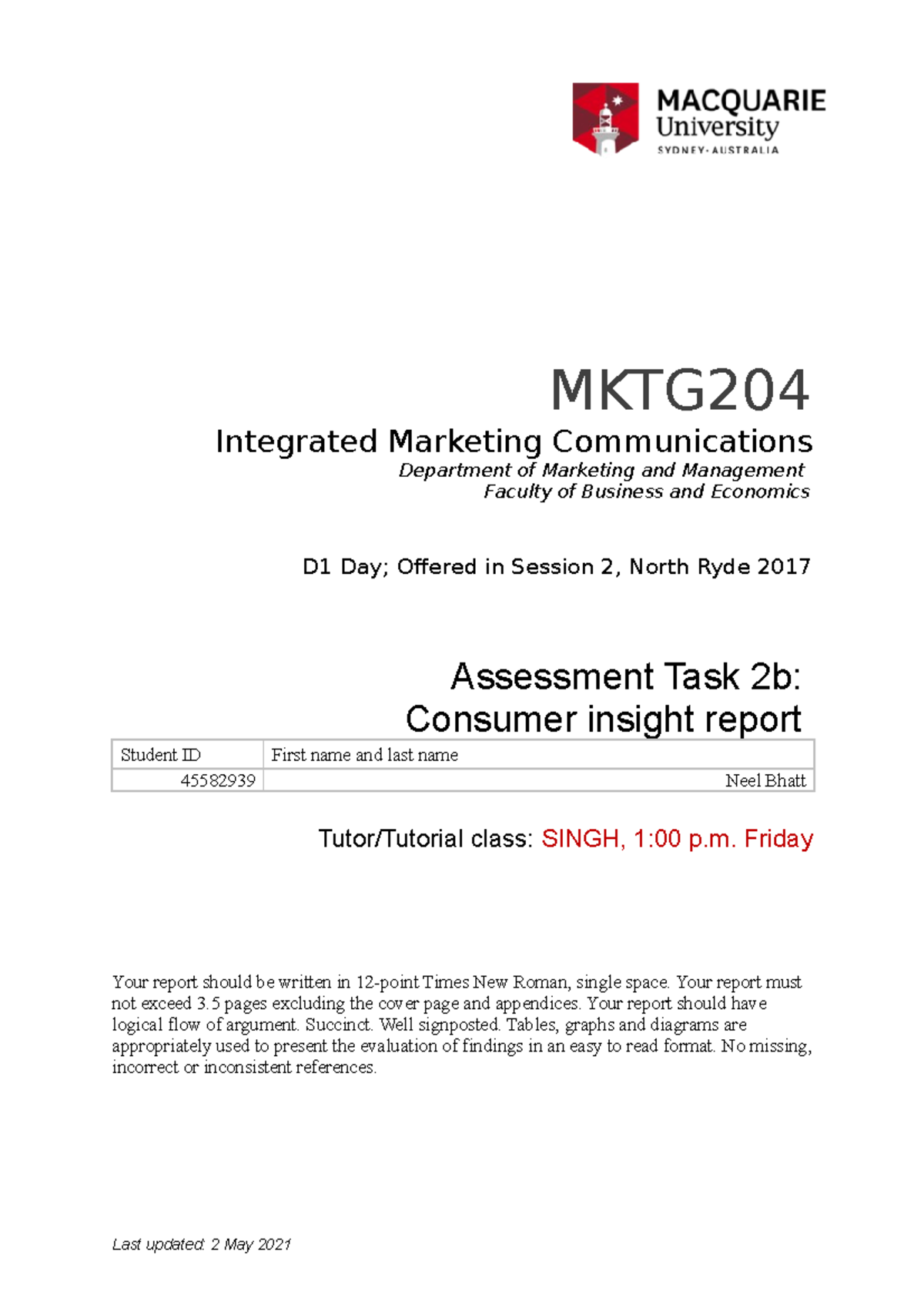 Consumer insight report template - MKTG204 Integrated Marketing ...