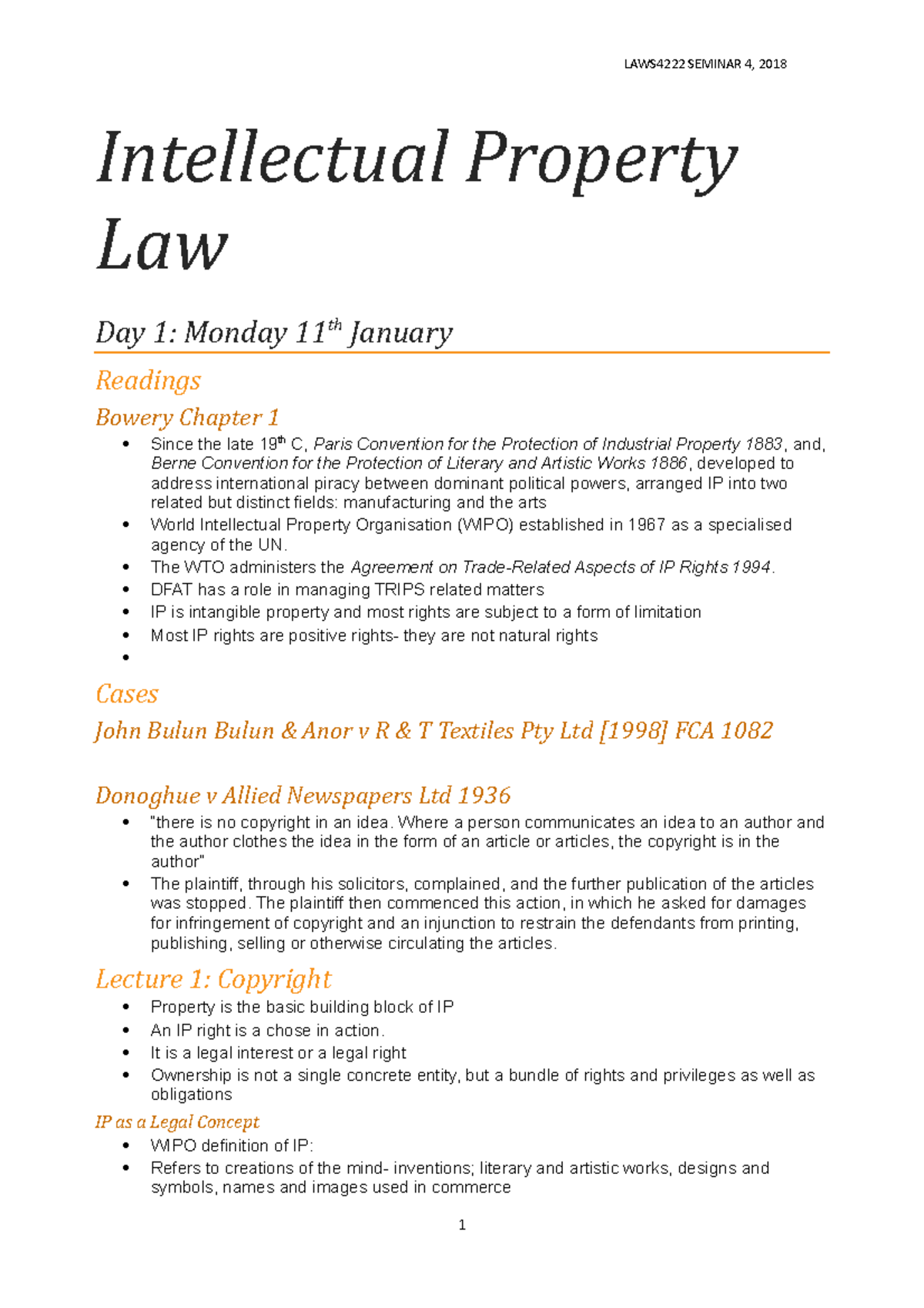 IP Law Complete Lecture Notes - Intellectual Property Law Day 1: Monday ...