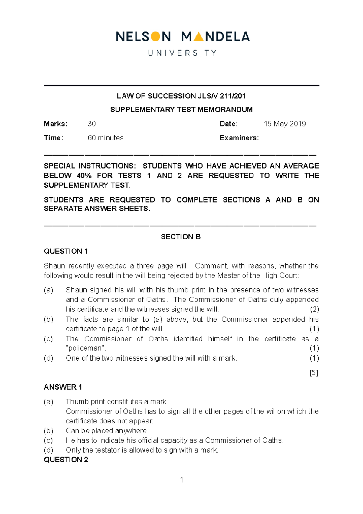 2019 JLSV Supplementary test Memorandum - LAW OF SUCCESSION JLS/V 211 ...