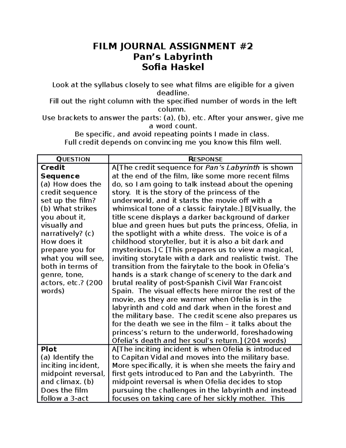 Film Journal #2 - Revised - FILM JOURNAL ASSIGNMENT Pan’s Labyrinth ...