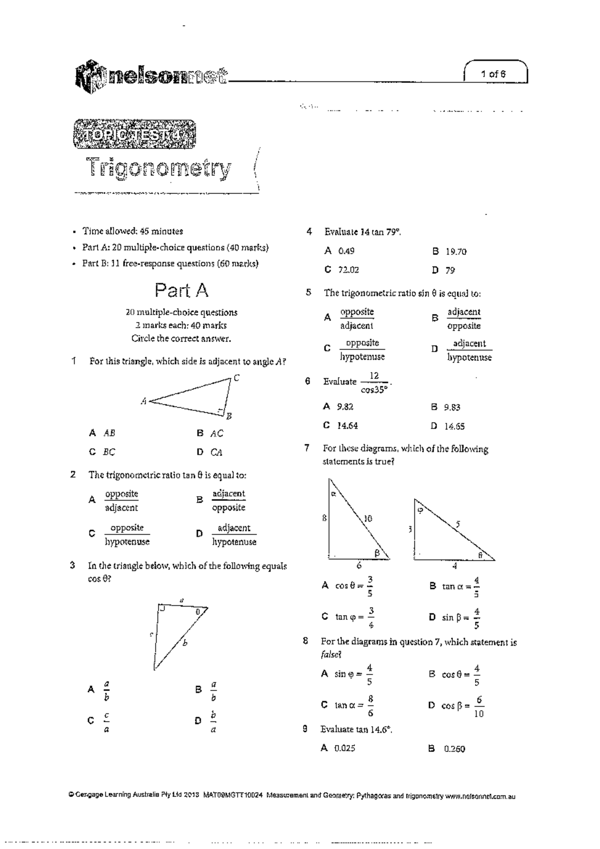 9MAT 3.1 Practice Paper T3 - nelsonnet 1 of 6 TOPIC TEST 4 Trigonometry ...