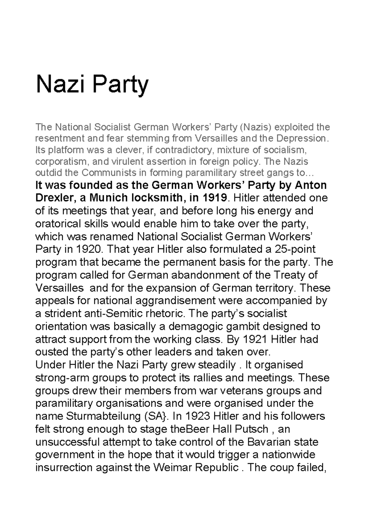 The Nazi regime to 1939 - Nazi Party The National Socialist German ...