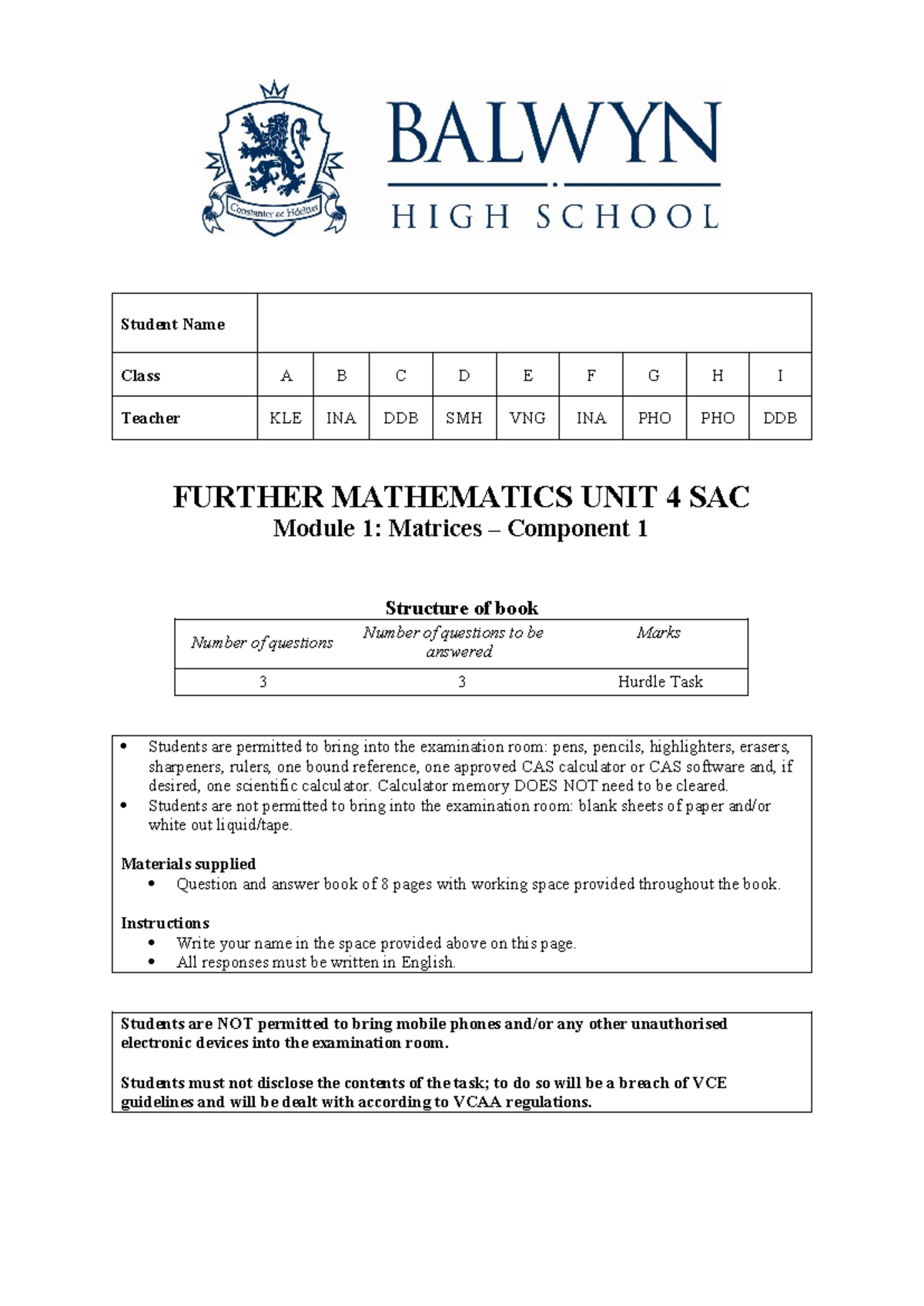 2021 Further Matrices SAC Component 1 (Hurdle Task) - Student Name Class A B C D E F G H I ...