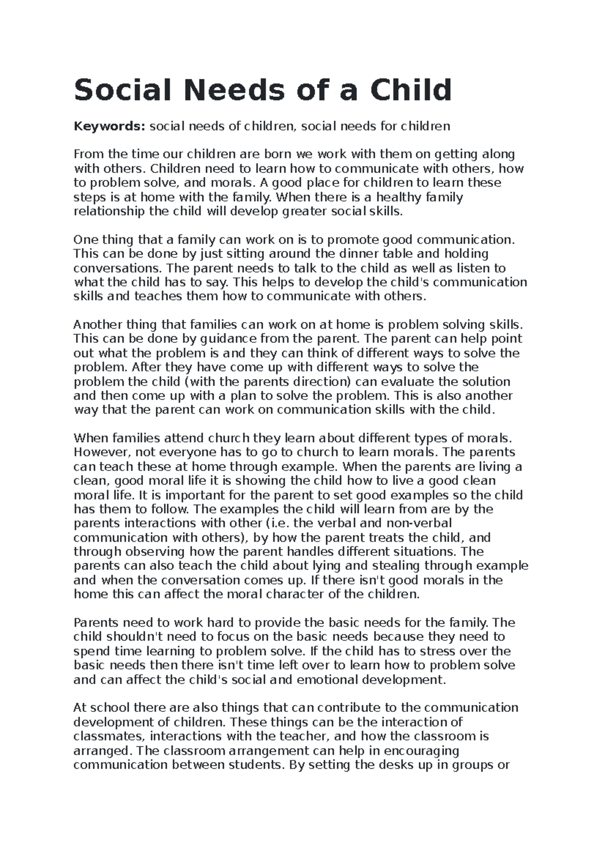 Social Needs of a Child - Grade: 2:1 - Social Needs of a Child Keywords ...