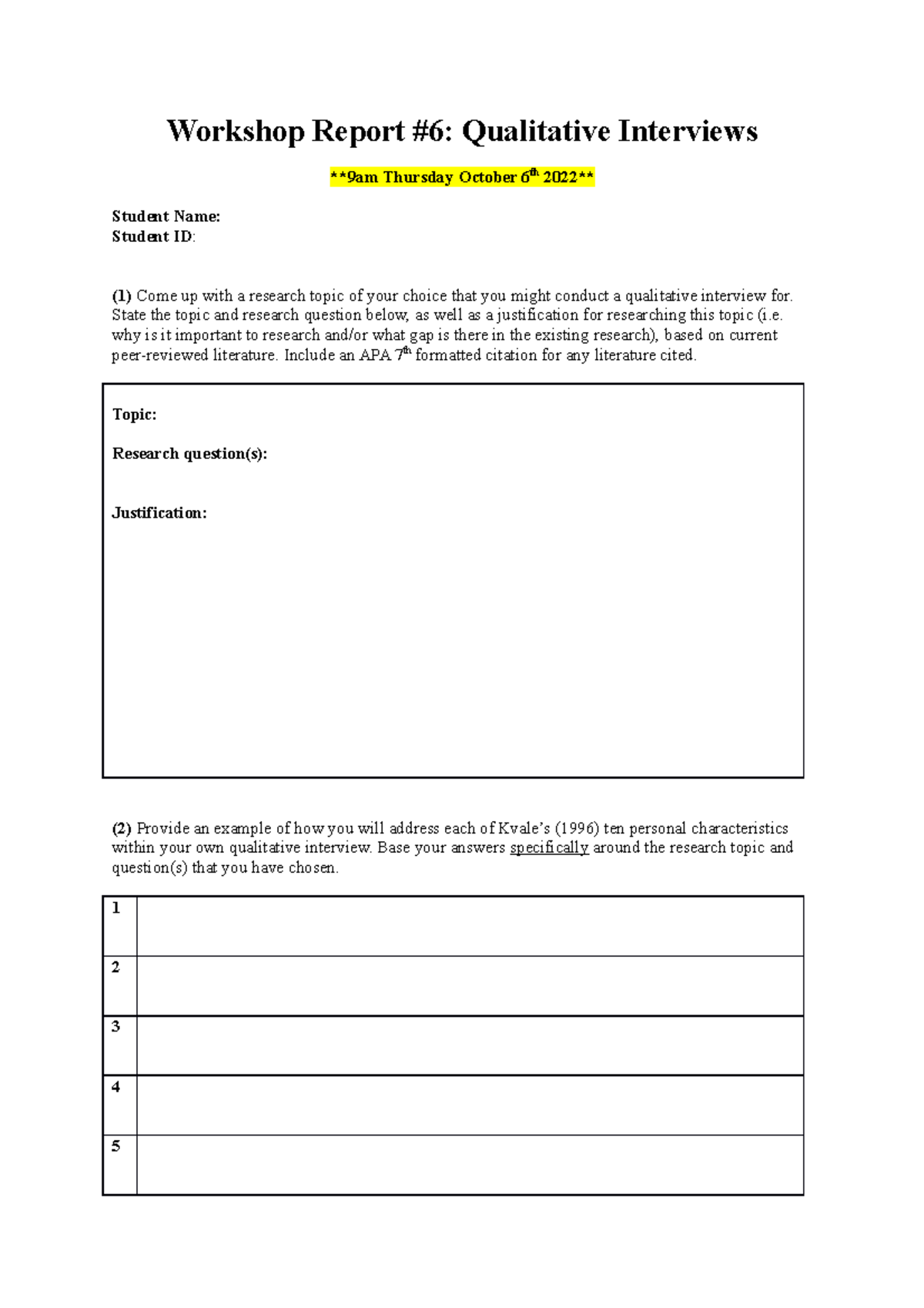 Workshop Report 6 Hand In Sheet - Workshop Report #6: Qualitative ...