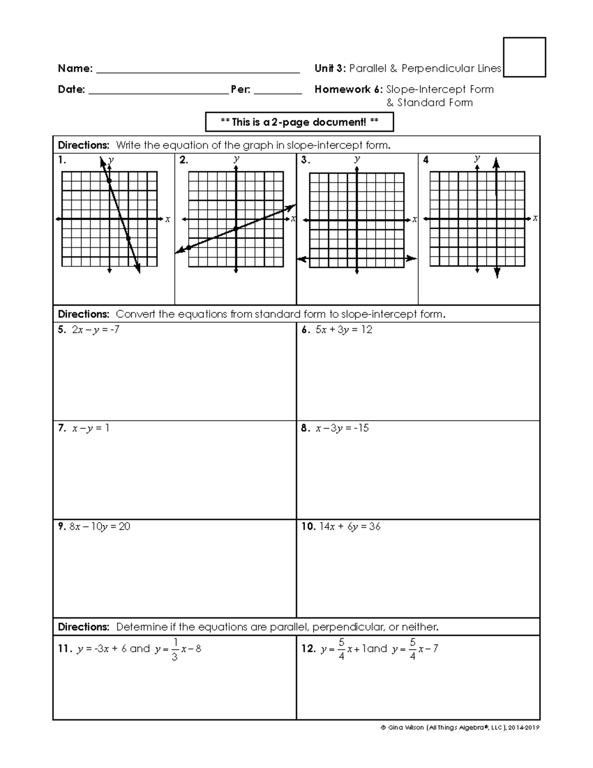 3.6 Slope-Intercept and Standard Form Assignments - Name