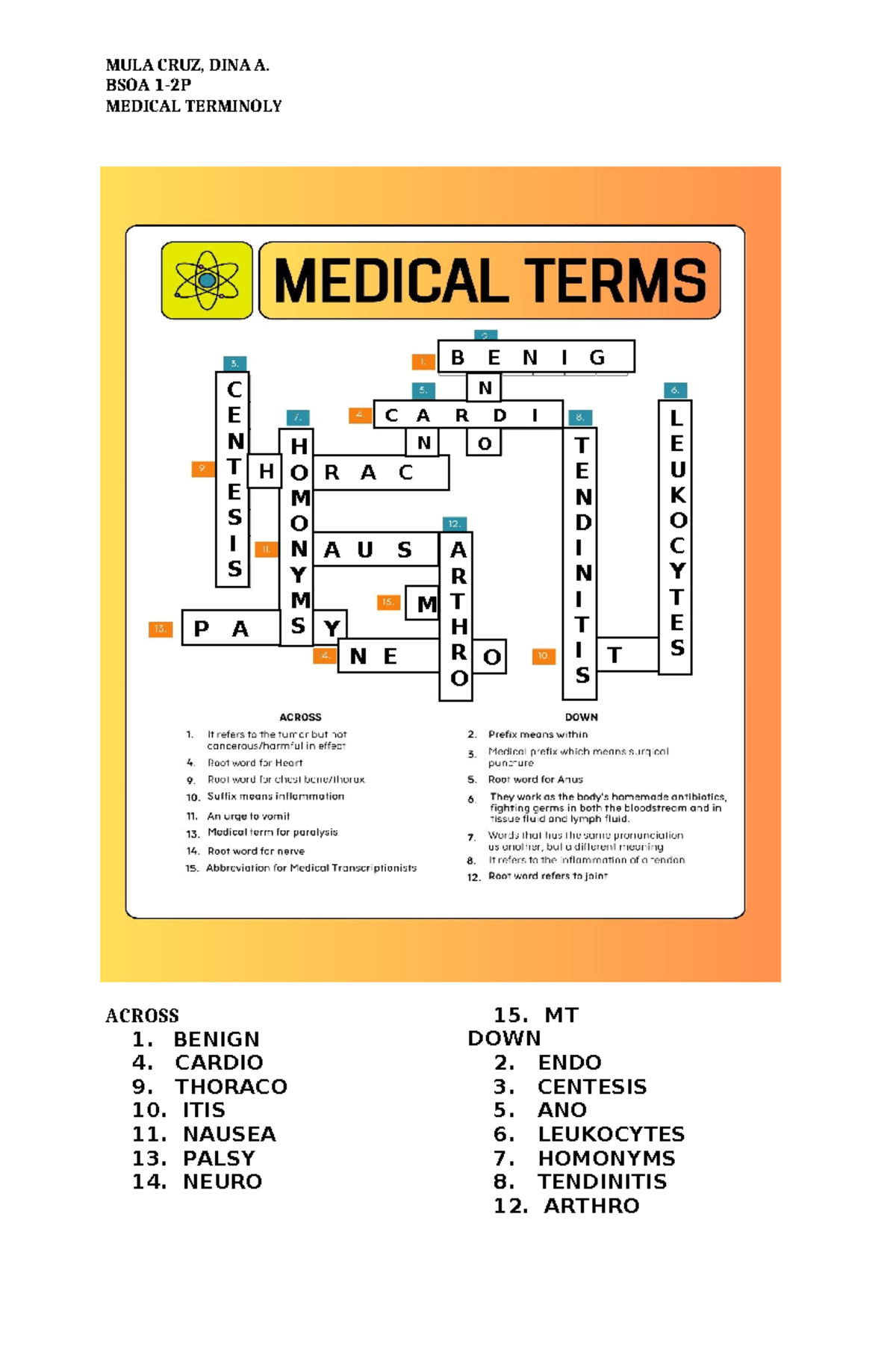 Medical Terminology - MULA CRUZ, DINA A. BSOA 1-2P MEDICAL TERMINOLY ...