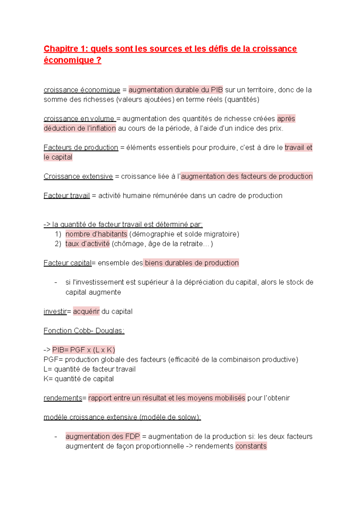 Bac SES - bonne chance - Chapitre 1: quels sont les sources et les défis de la croissance - Studocu