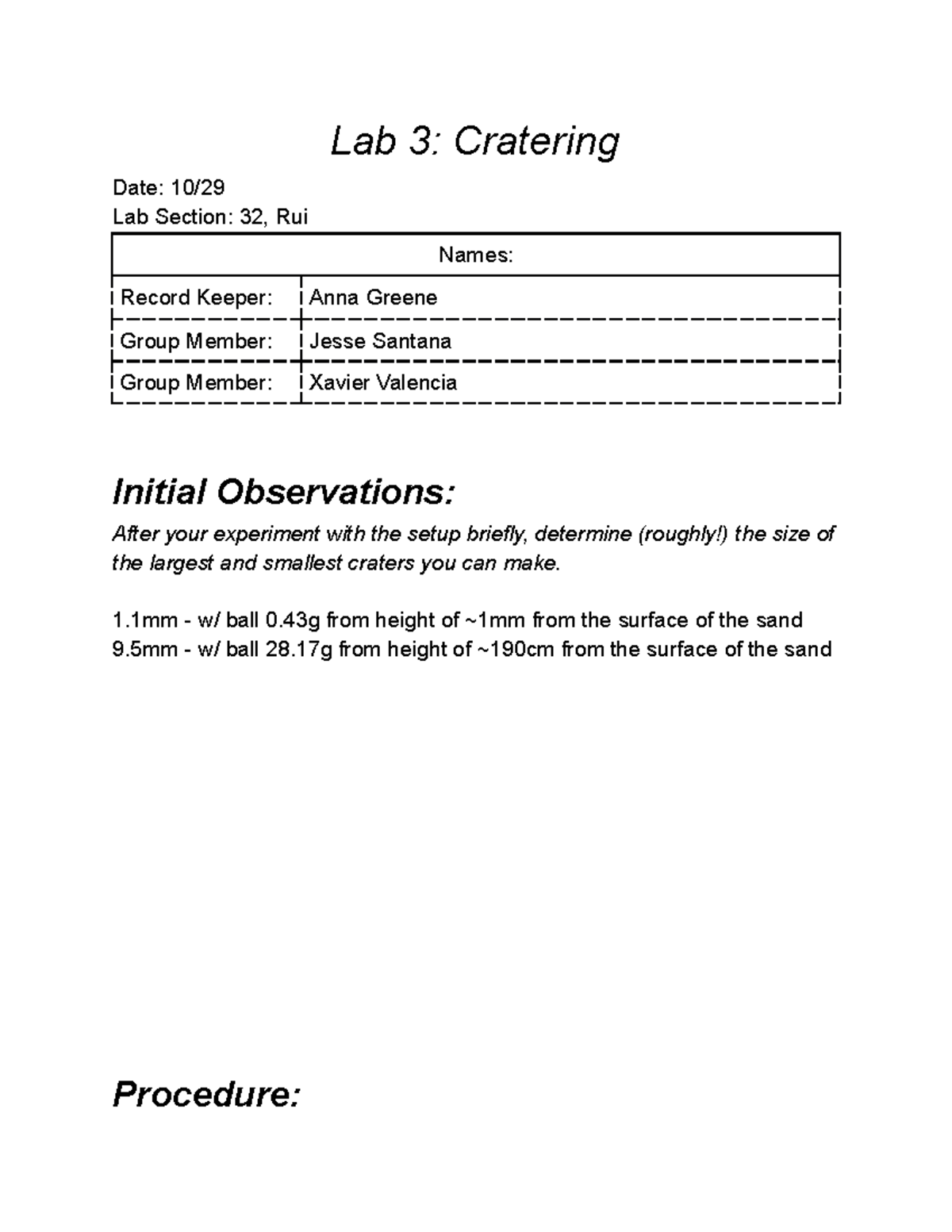 Lab 3 Catering - Lab 3 Mandatory - Lab 3: Cratering Date: 10/ Lab ...