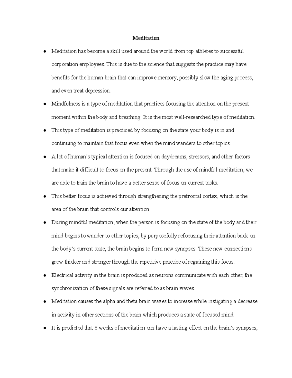 PSYC 3999 - Meditation Notes - Meditation Meditation has become a skill ...
