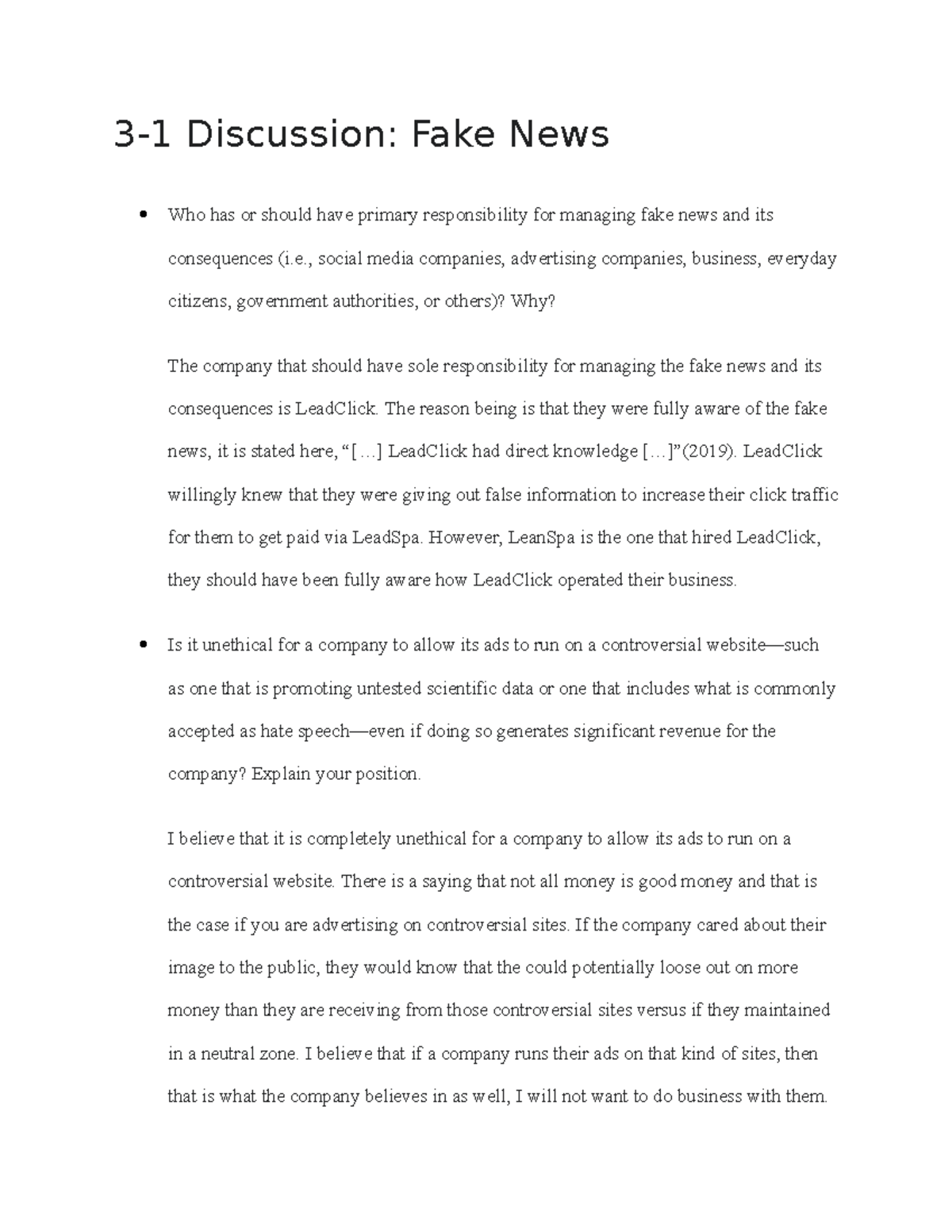 3-1 Discussion - Got an A - 3-1 Discussion: Fake News Who has or should ...