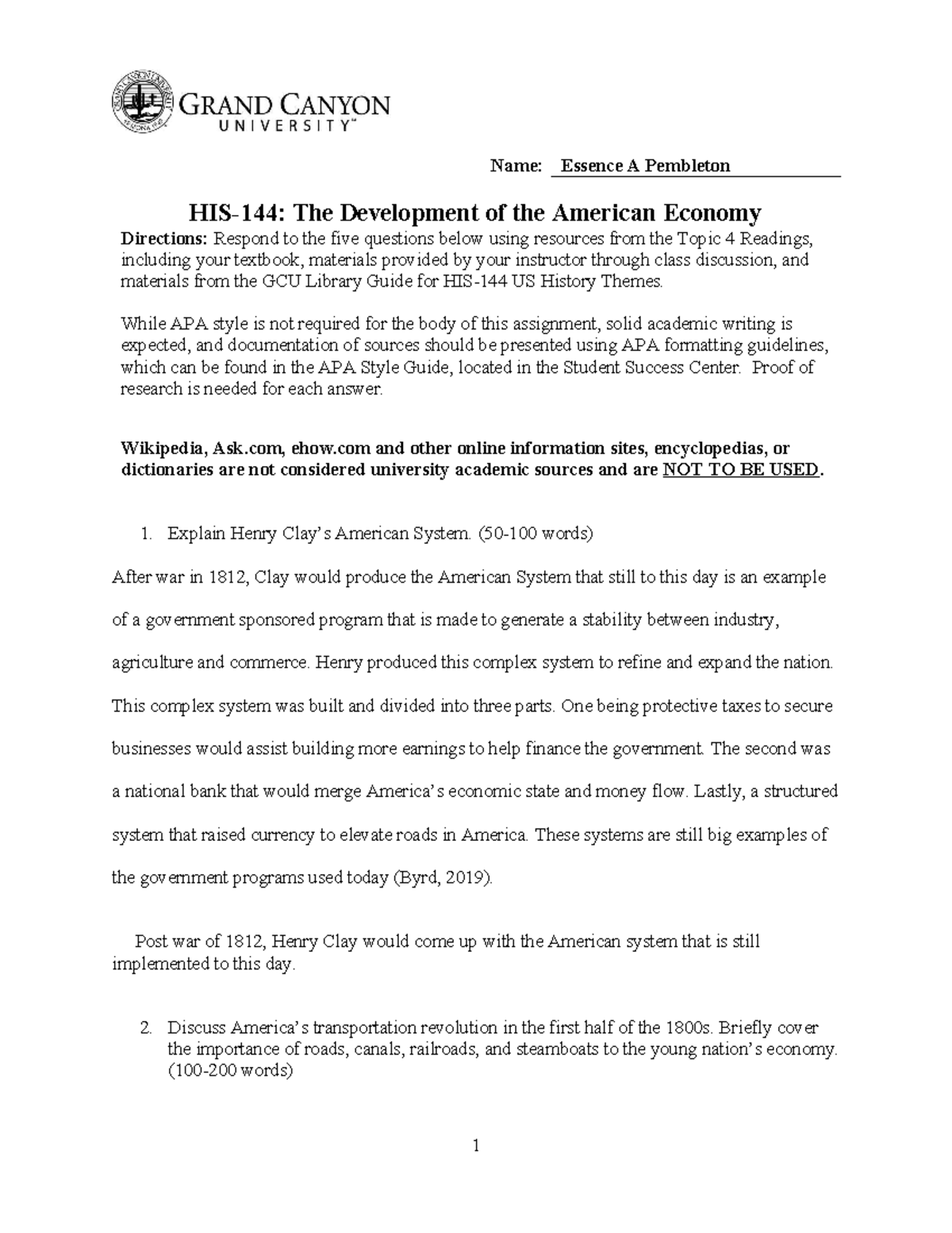 HIS-144-RS-Development of the American Economy Worksheet - Name ...