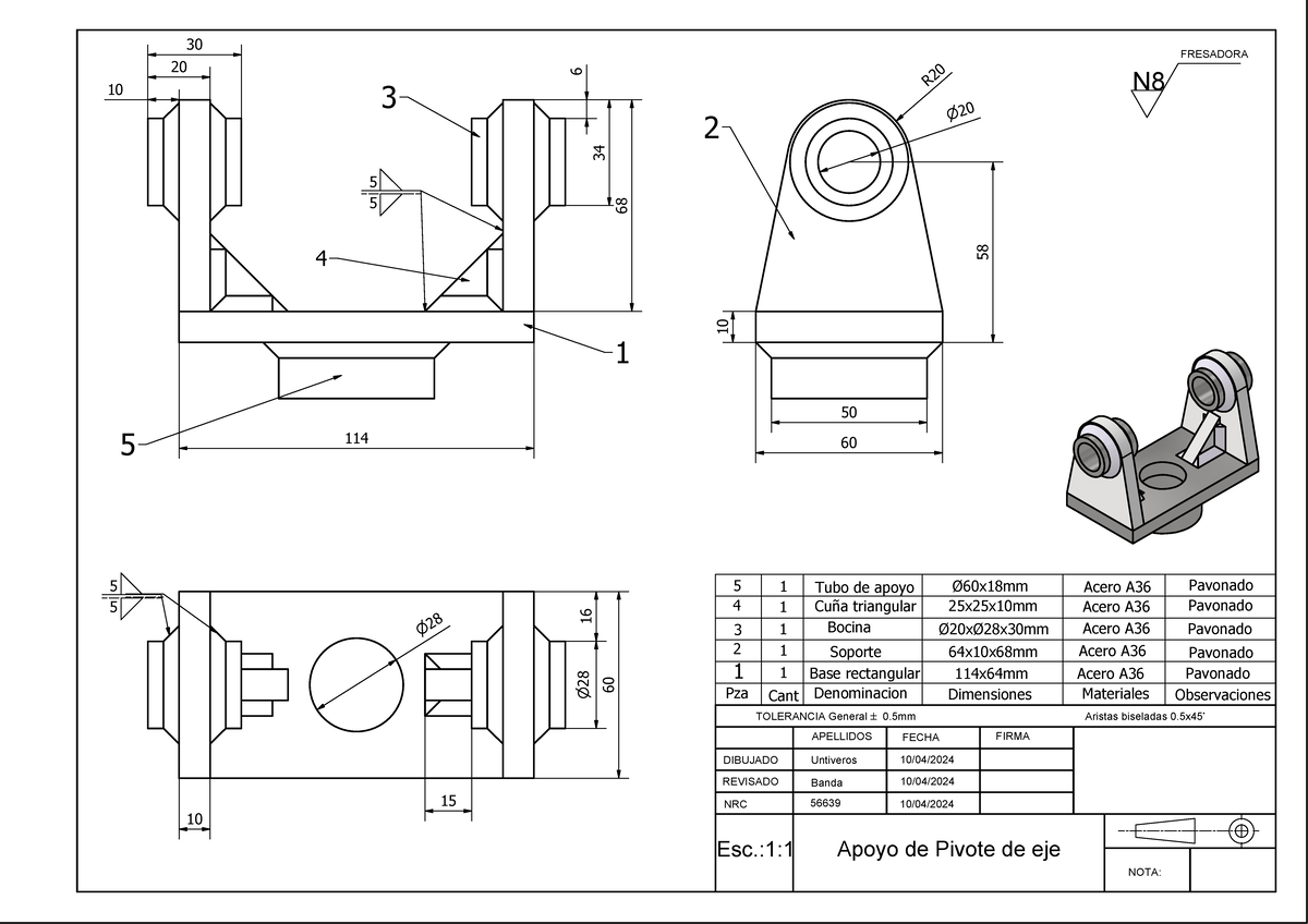 Plano DE Ensamble - DIBUJADO FIRMA REVISADONRC Esc.:1:1 Apoyo de Pivote ...