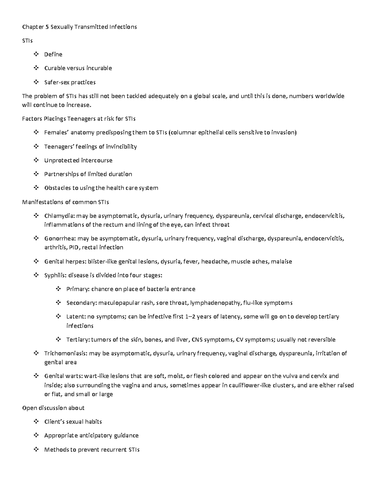 Exam 2 OB chapter 5 - n/a - Chapter 5 Sexually Transmitted Infections STIs Define Curable versus ...