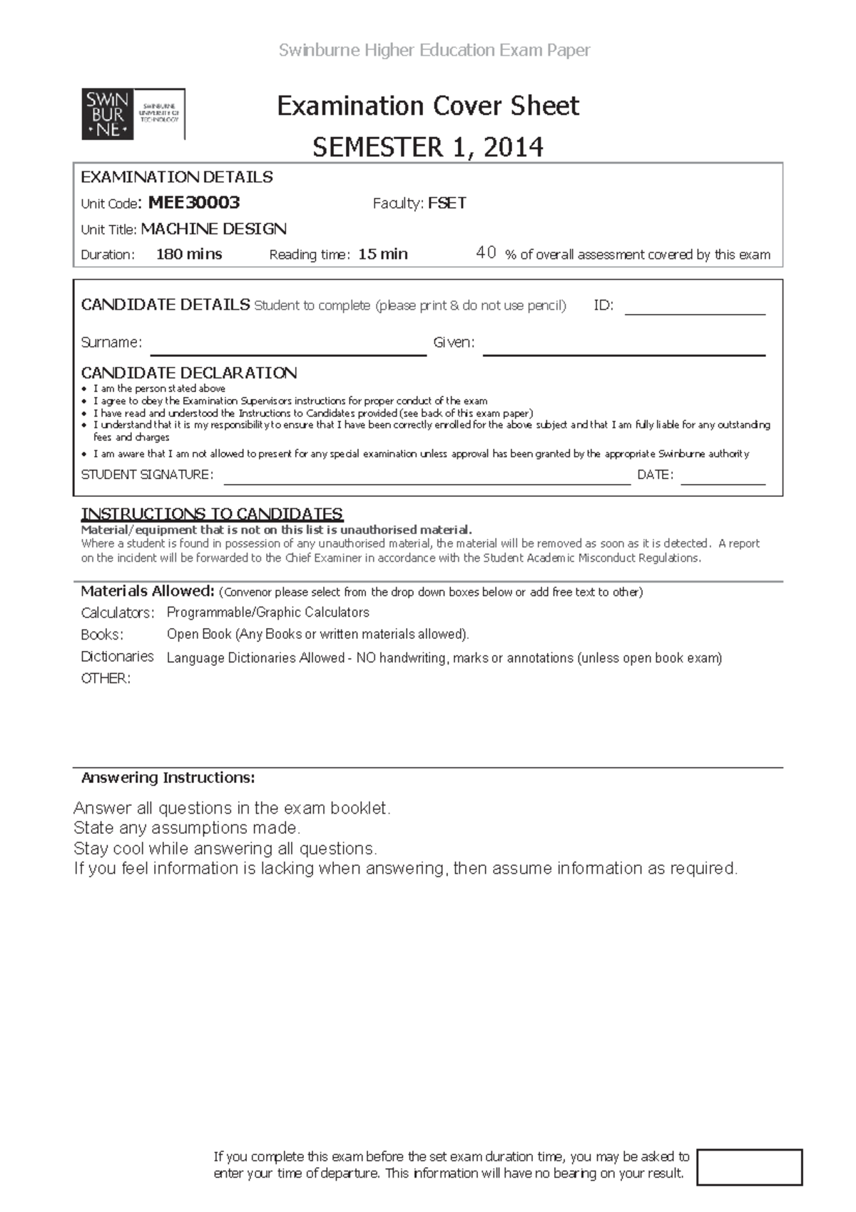 Exam 2014, questions - Swinburne Higher Education Exam Paper ...