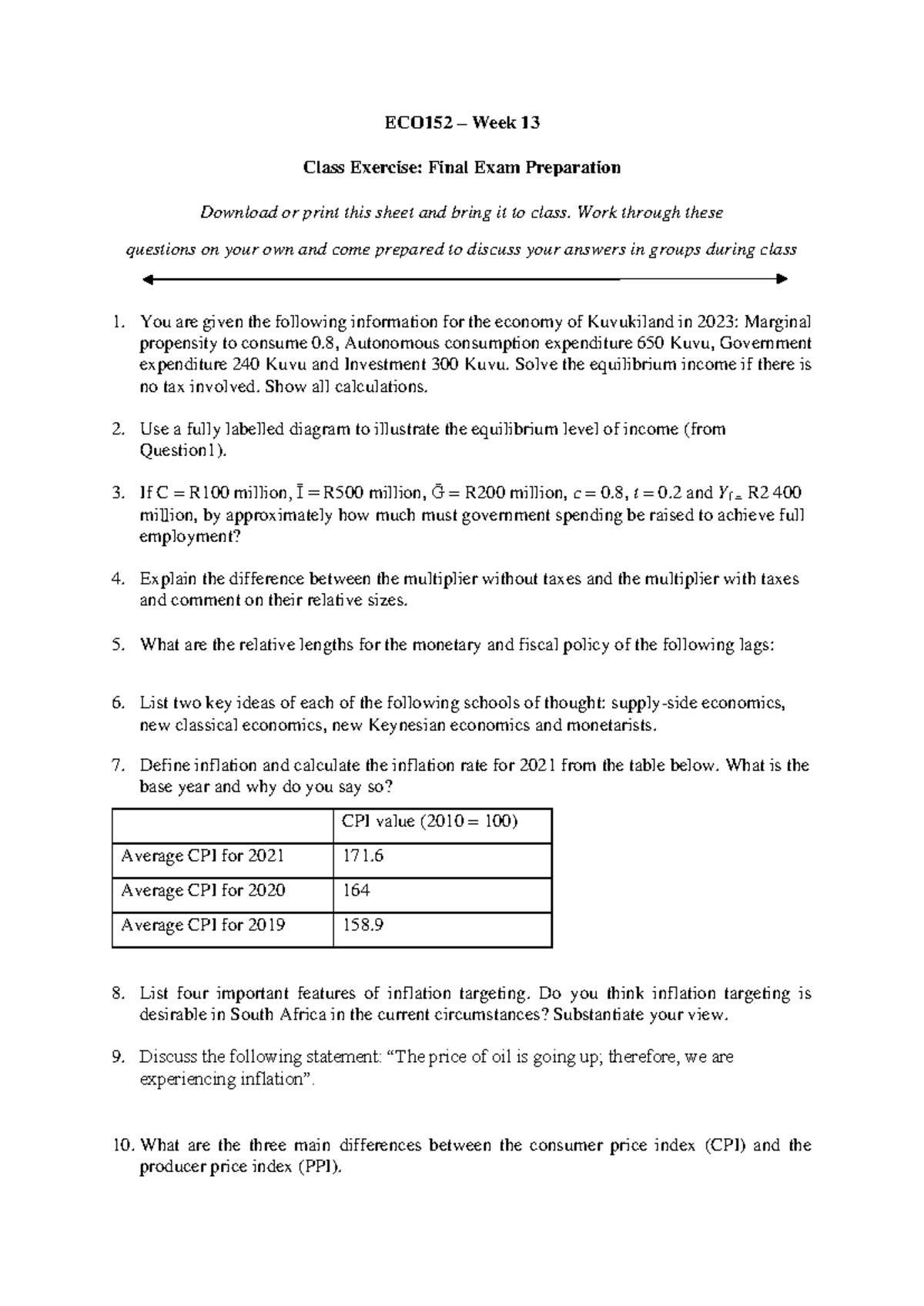 Week 13 Final Exam Prep ECO152 - ECO152 – Week 13 Class Exercise: Final ...
