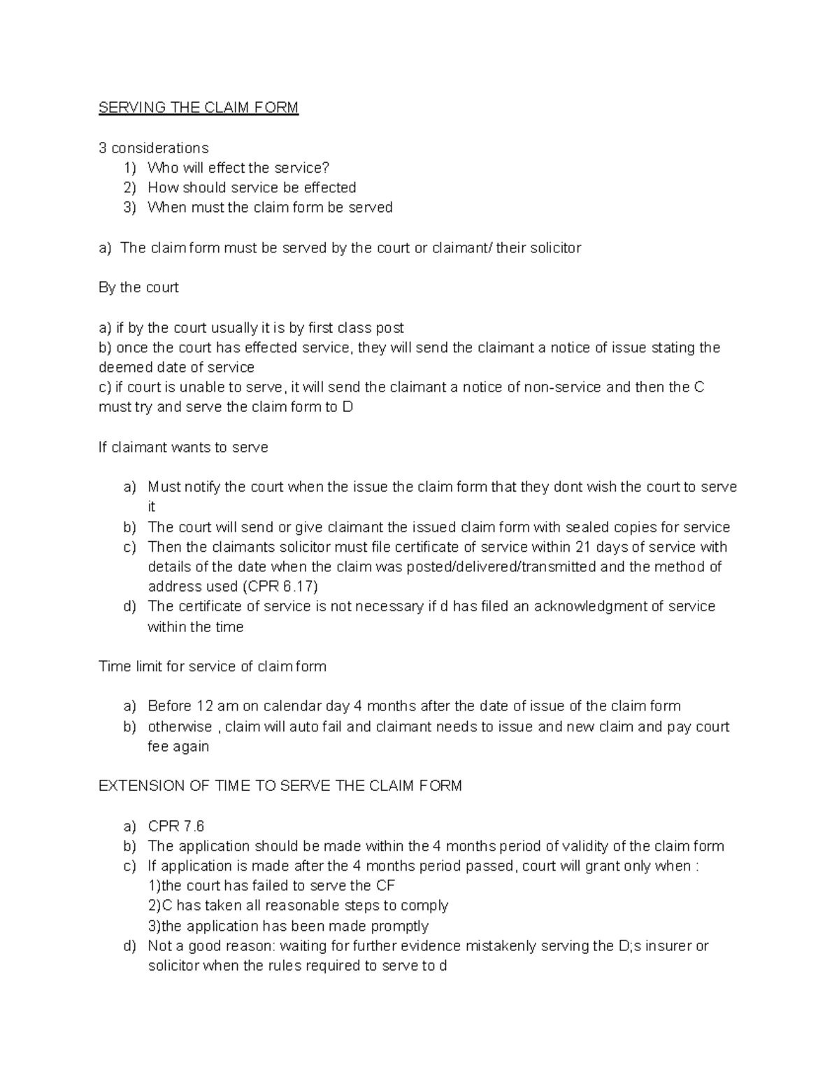 CIV LIT WORKSHOP 5 - Summary Civil litigation - SERVING THE CLAIM FORM ...