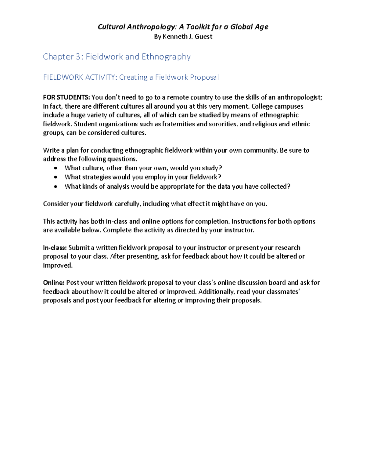 Creating a Fieldwork Proposal - Cultural Anthropology: A Toolkit for a Global Age By Kenneth J ...