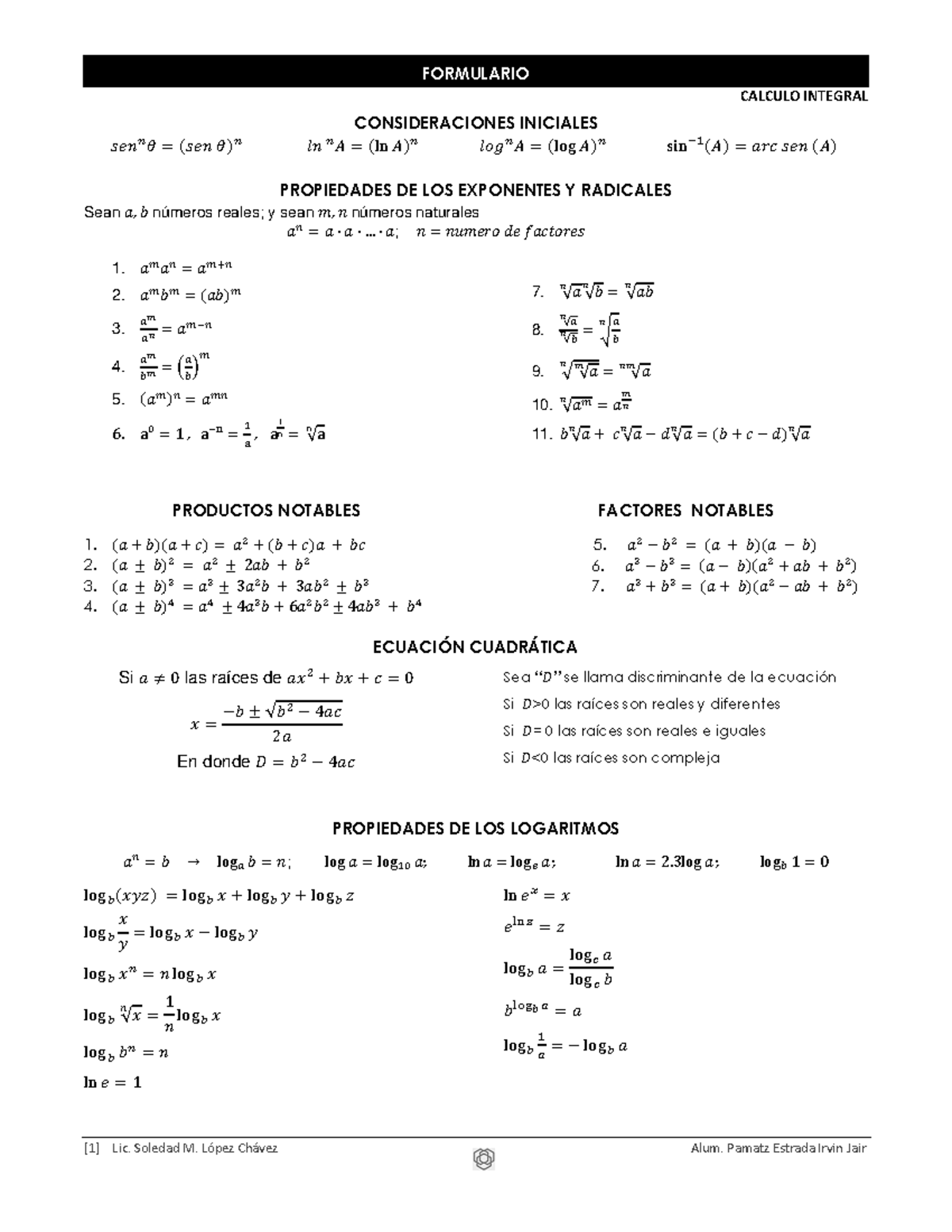 Formulario de calculo diferencial y calculo integral - CALCULO INTEGRAL ...