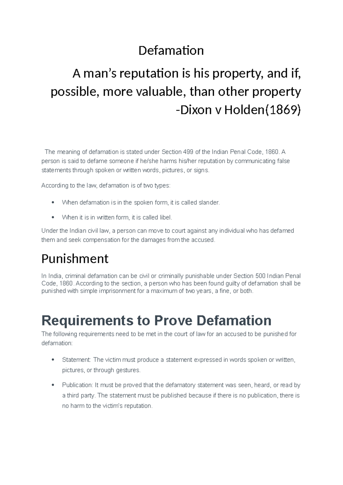 Defamation - Summary Law of Torts - Defamation A man’s reputation is ...