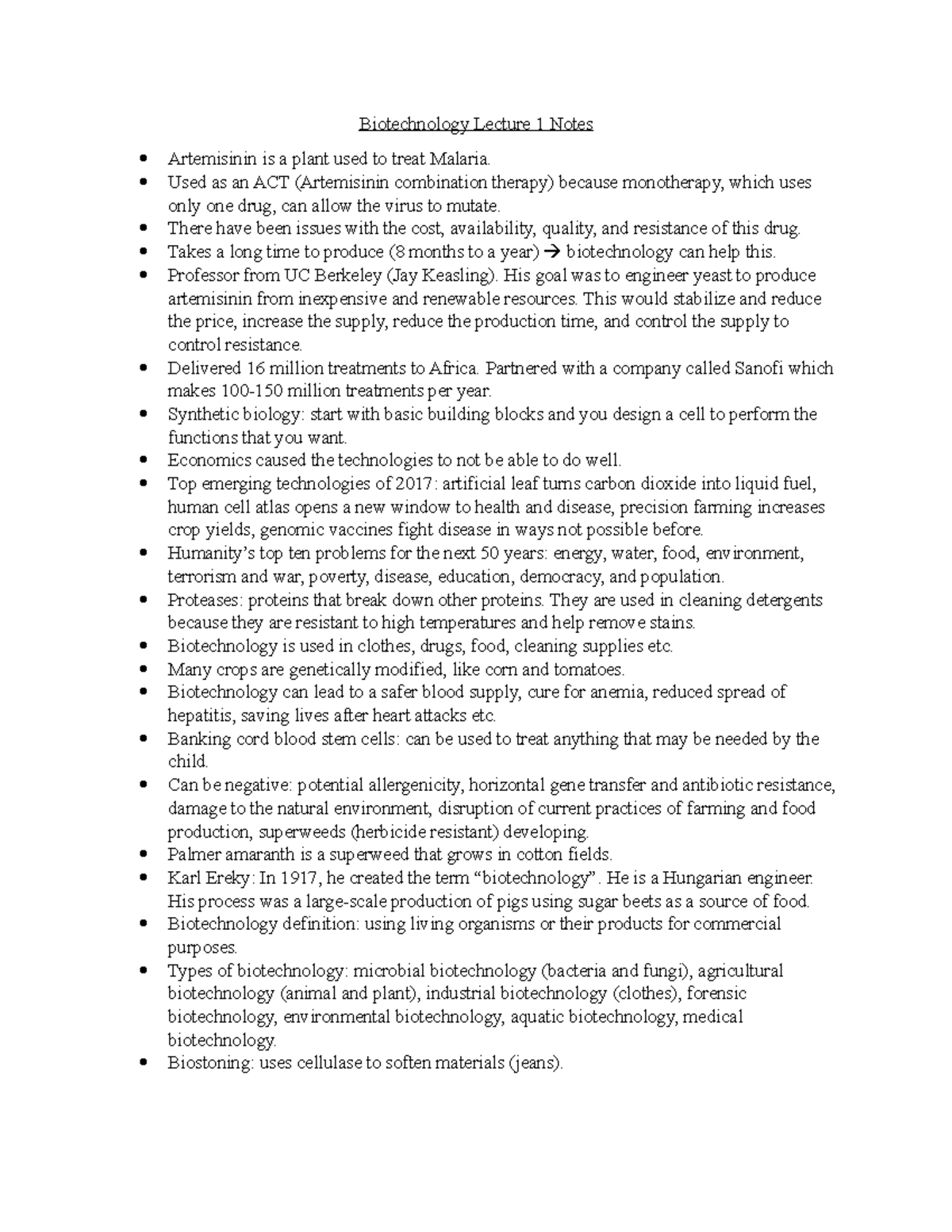 Biotechnology Lecture 1 Notes - Biotechnology Lecture 1 Notes - Studocu