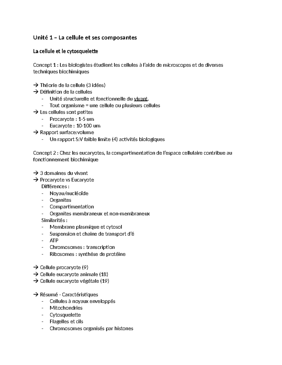 BIO Midterm 1 Notes - Unité 1 – La cellule et ses composantes La ...