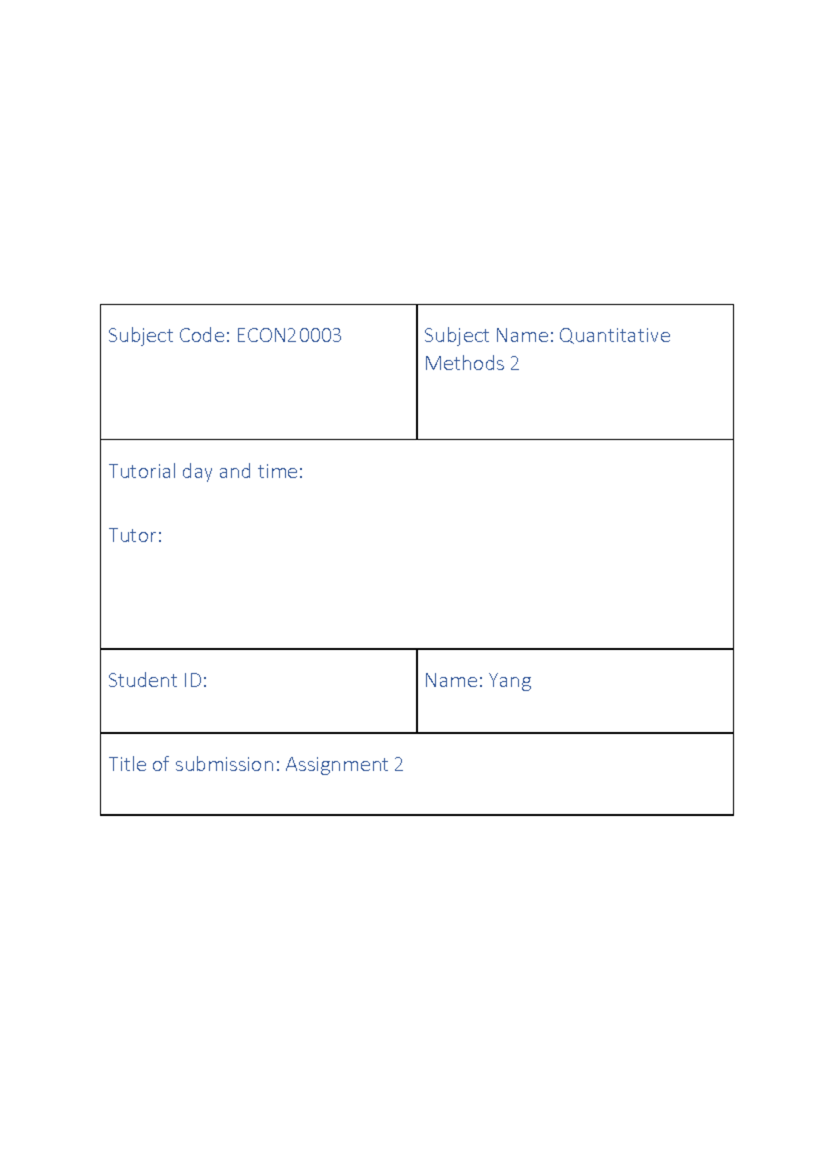 Assignment 2 Pdf Qm2 Subject Code Econ20003 Subject Name Quantitative Methods 2 Tutorial Day