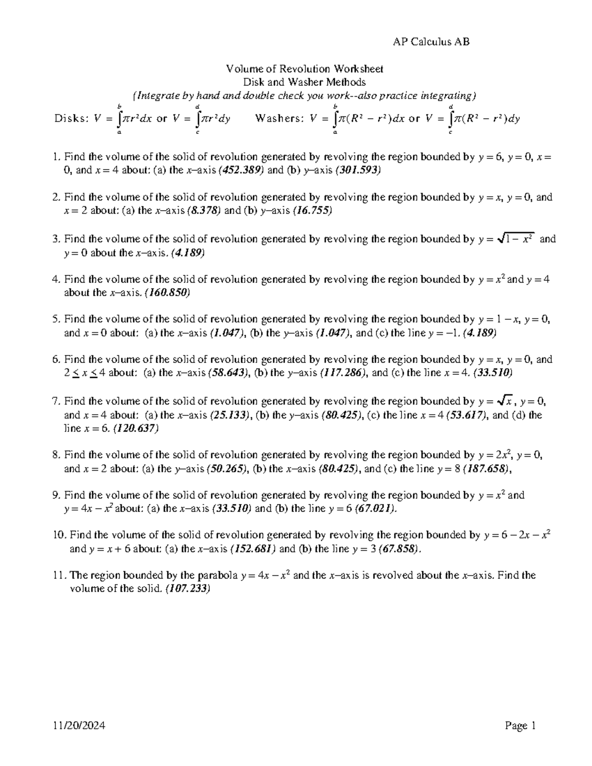 Volume of Revolution Worksheet - (4) Find the volume of the solid of ...