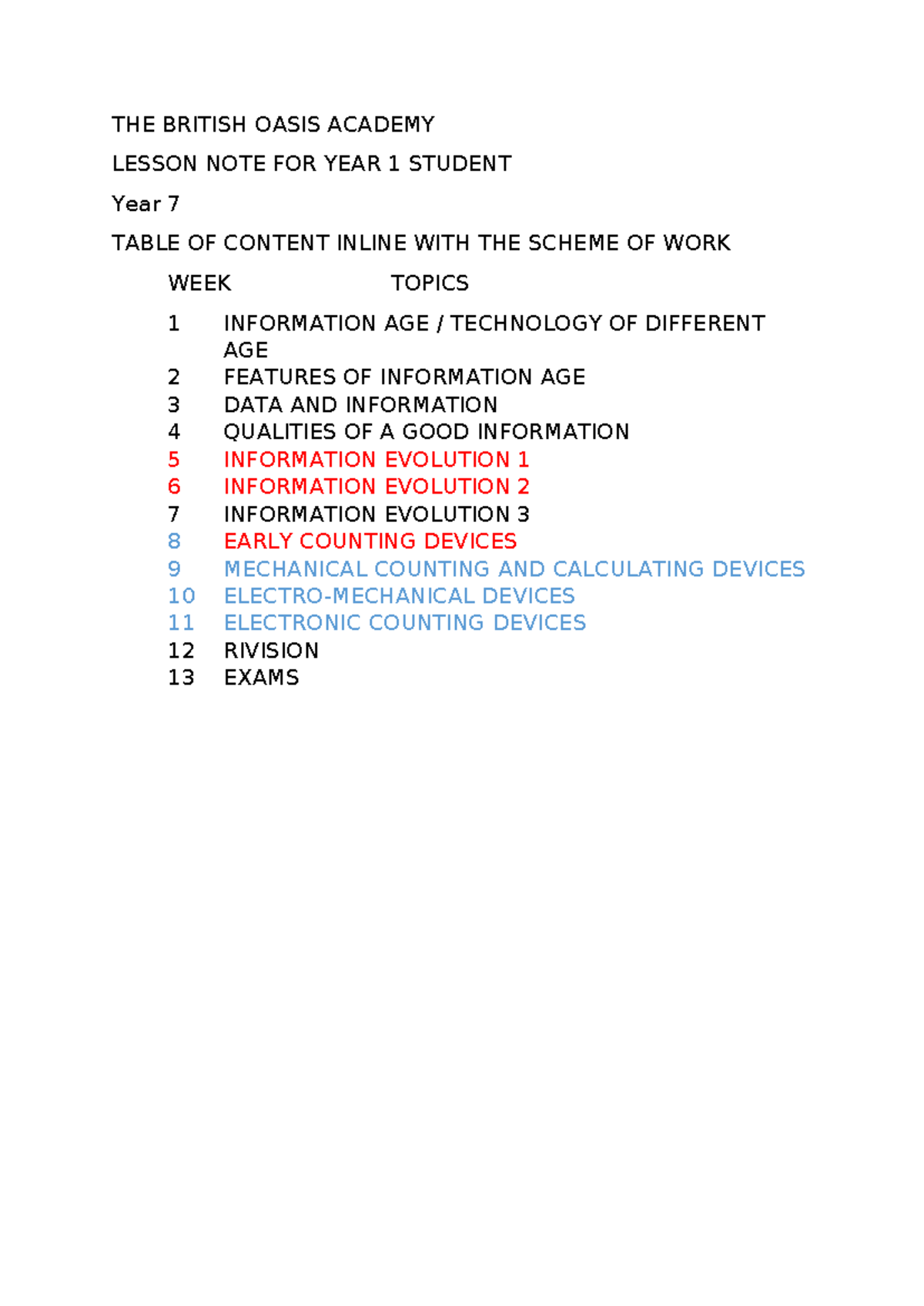Lesson NOTE year 7 - notes - THE BRITISH OASIS ACADEMY LESSON NOTE FOR ...