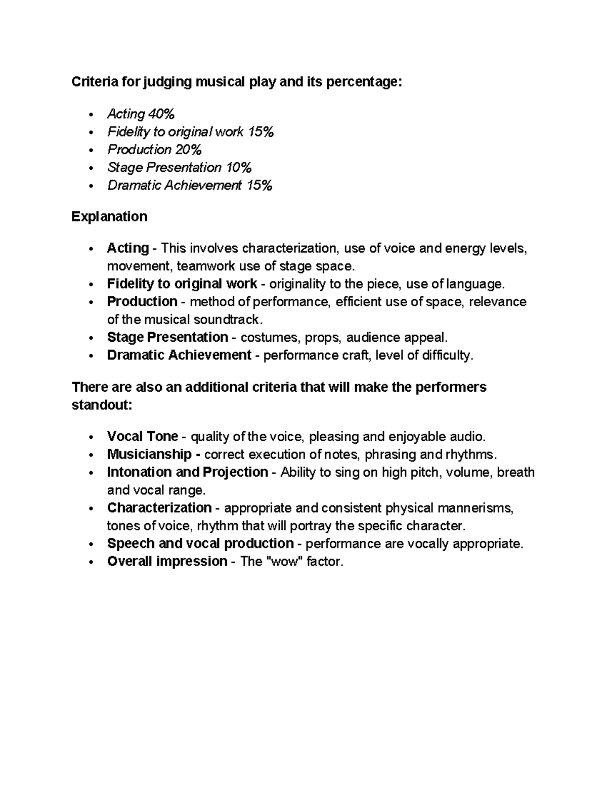 Criteria for judging musical play and its percentage - Fidelity to ...