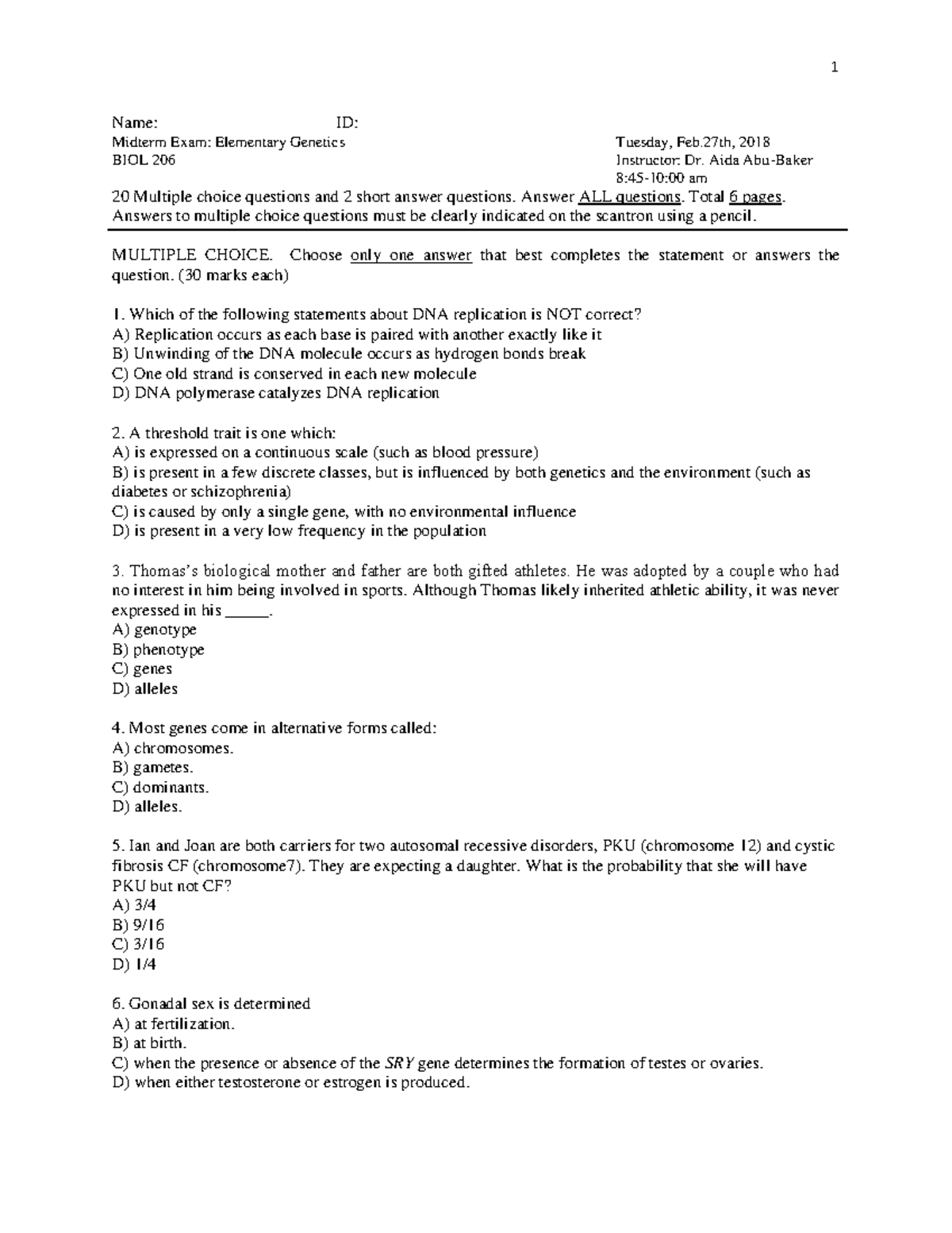 2018 Winter Midterm V1 solutions - Name: ID: Midterm Exam: Elementary ...