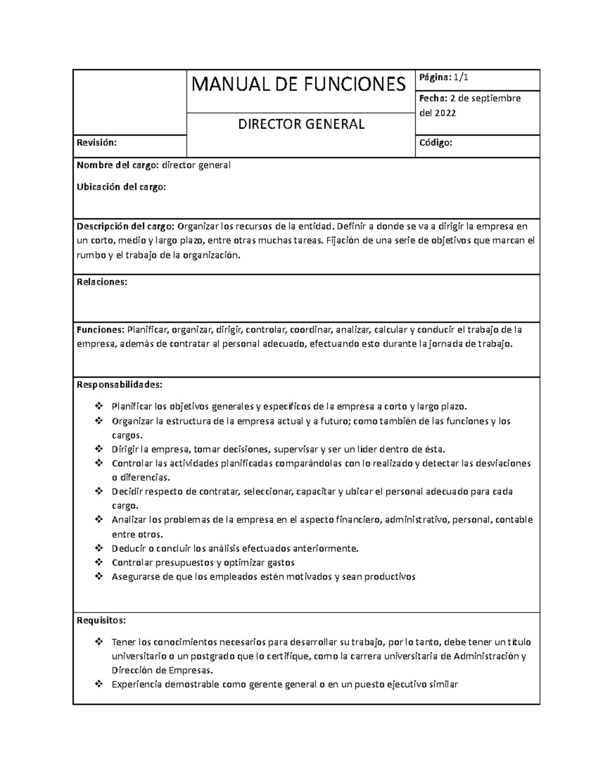 Manual DE Funciones - MANUAL DE FUNCIONES Página: 1/ Fecha: 2 de septiembre del 2022 DIRECTOR ...