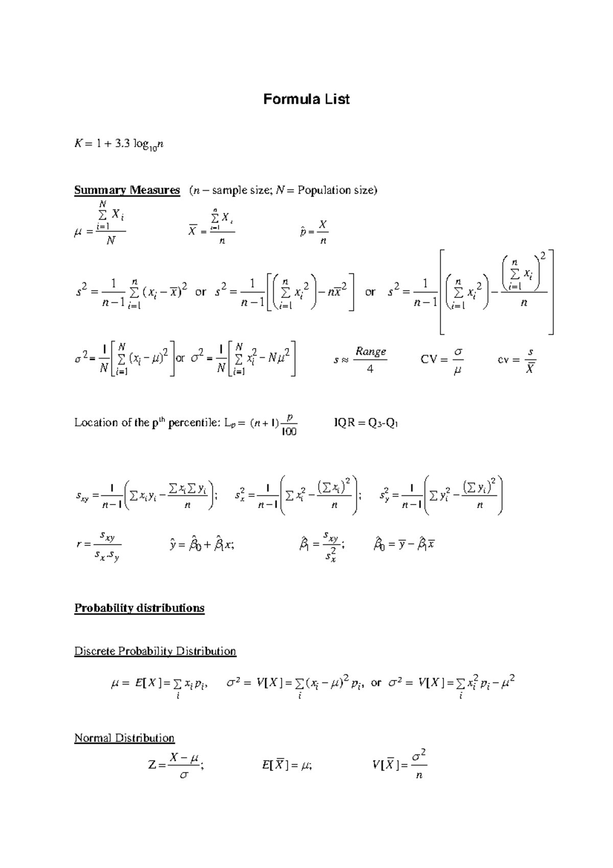 Formula List SP3 - Formula List K = 1 + 3 log10n Summary Measures (n ...