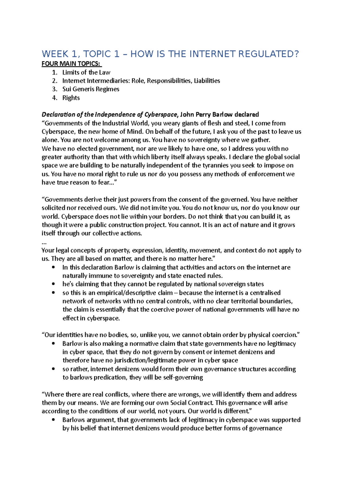 Lecture notes - WEEK 1, TOPIC 1 – HOW IS THE INTERNET REGULATED? FOUR ...