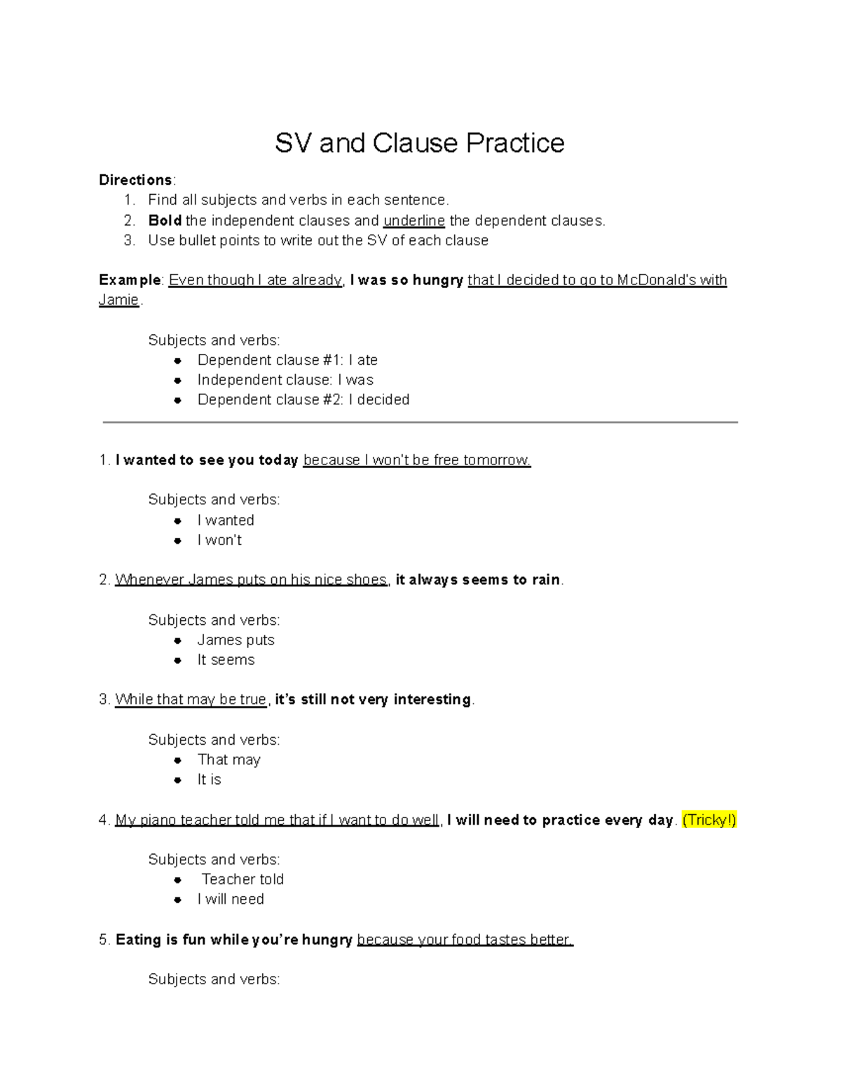 6 24 HW SV and Clause Practice - SV and Clause Practice Directions: 1 ...