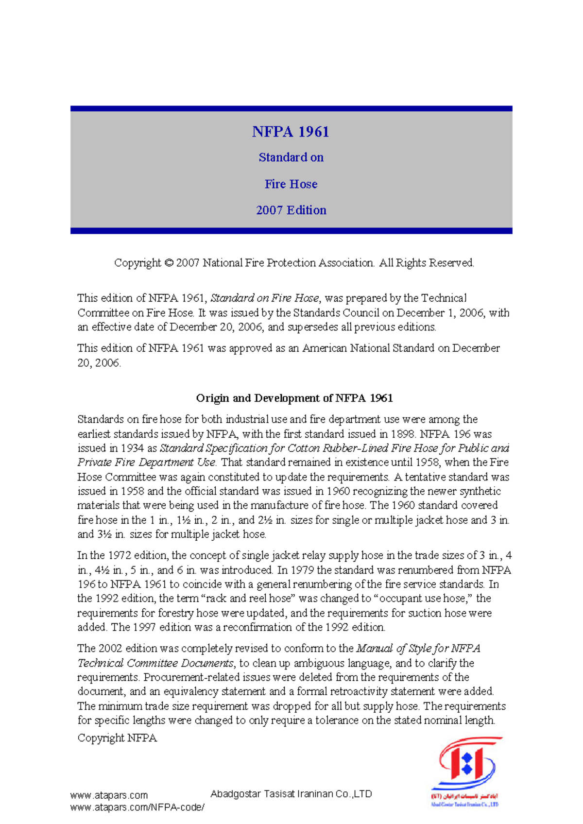 Atapars - NORMA NFPA 1961 EN INGLES - Copyright NFPA NFPA 1961 Standard ...