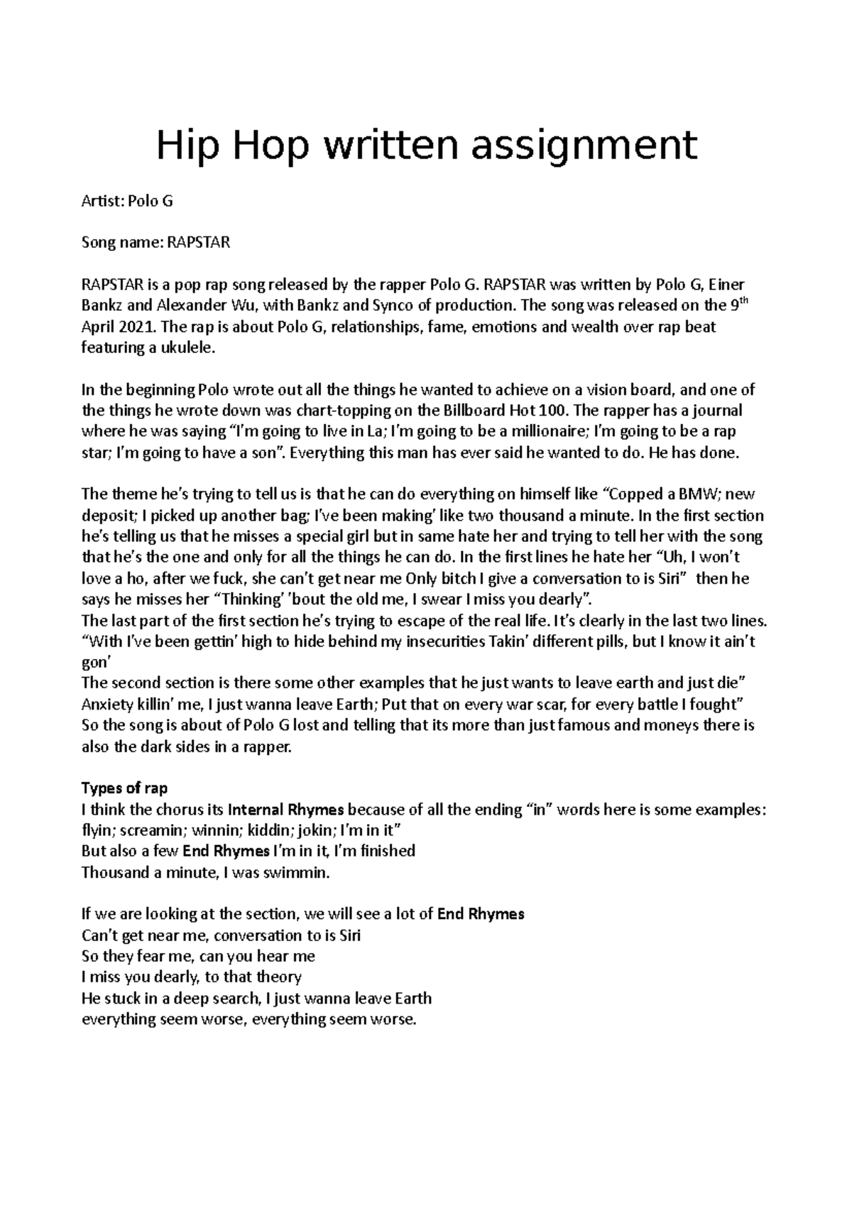 Hip Hop written assignment Polo G - Hip Hop written assignment Artist ...