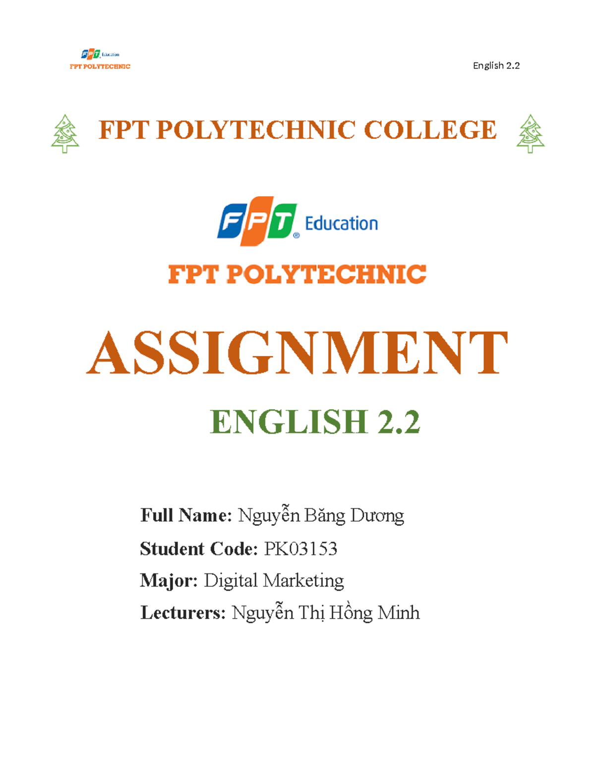 English 2.2 (ENT2.2) - Speaking - FPT POLYTECHNIC COLLEGE ASSIGNMENT ...