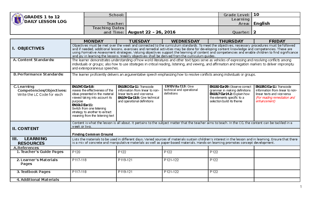 Dll- english 10 2nd-4thq 5 - GRADES 1 to 12 DAILY LESSON LOG School ...