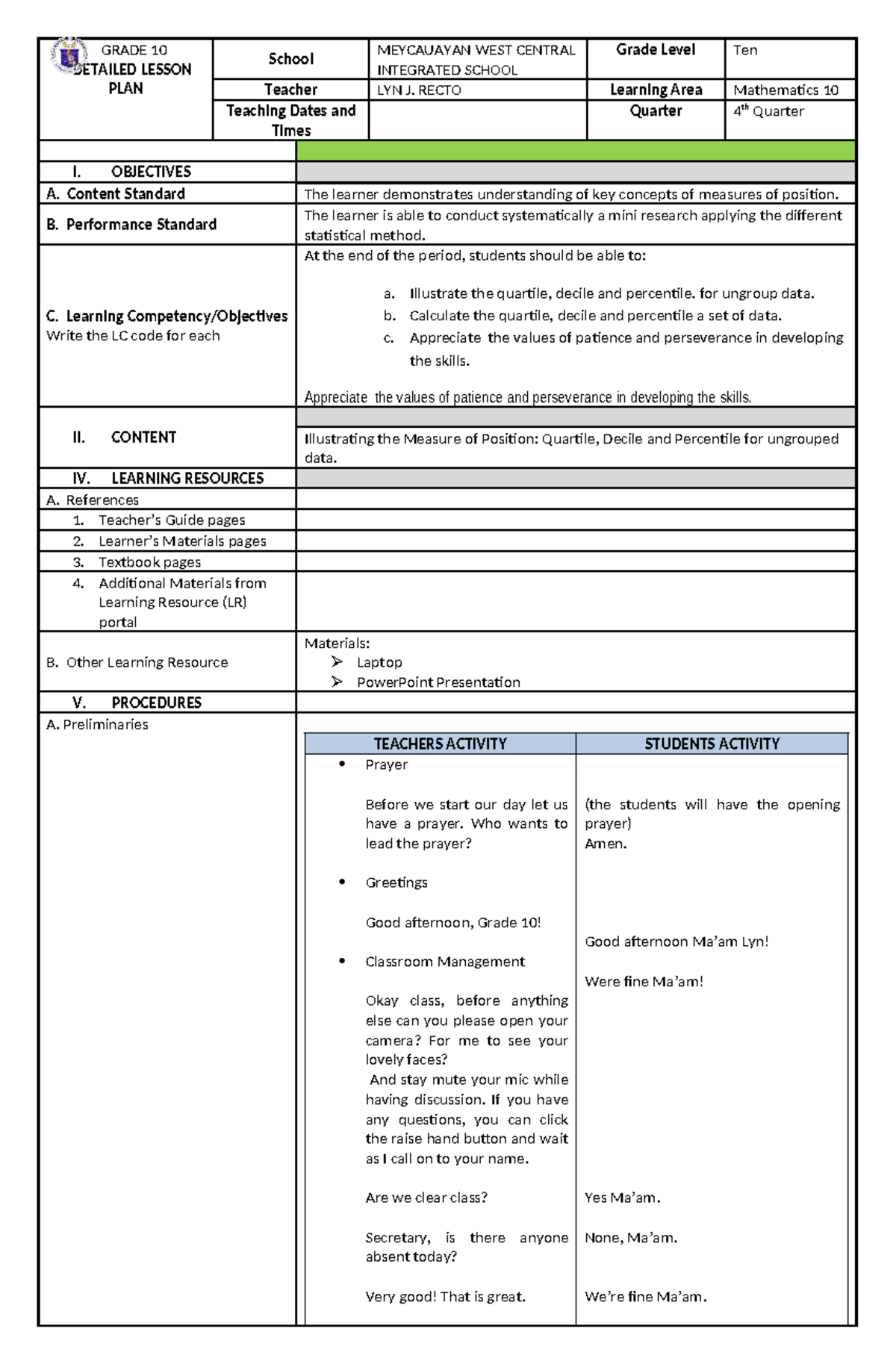 Measure of Position - retefsadasf - GRADE 10 DETAILED LESSON PLAN ...
