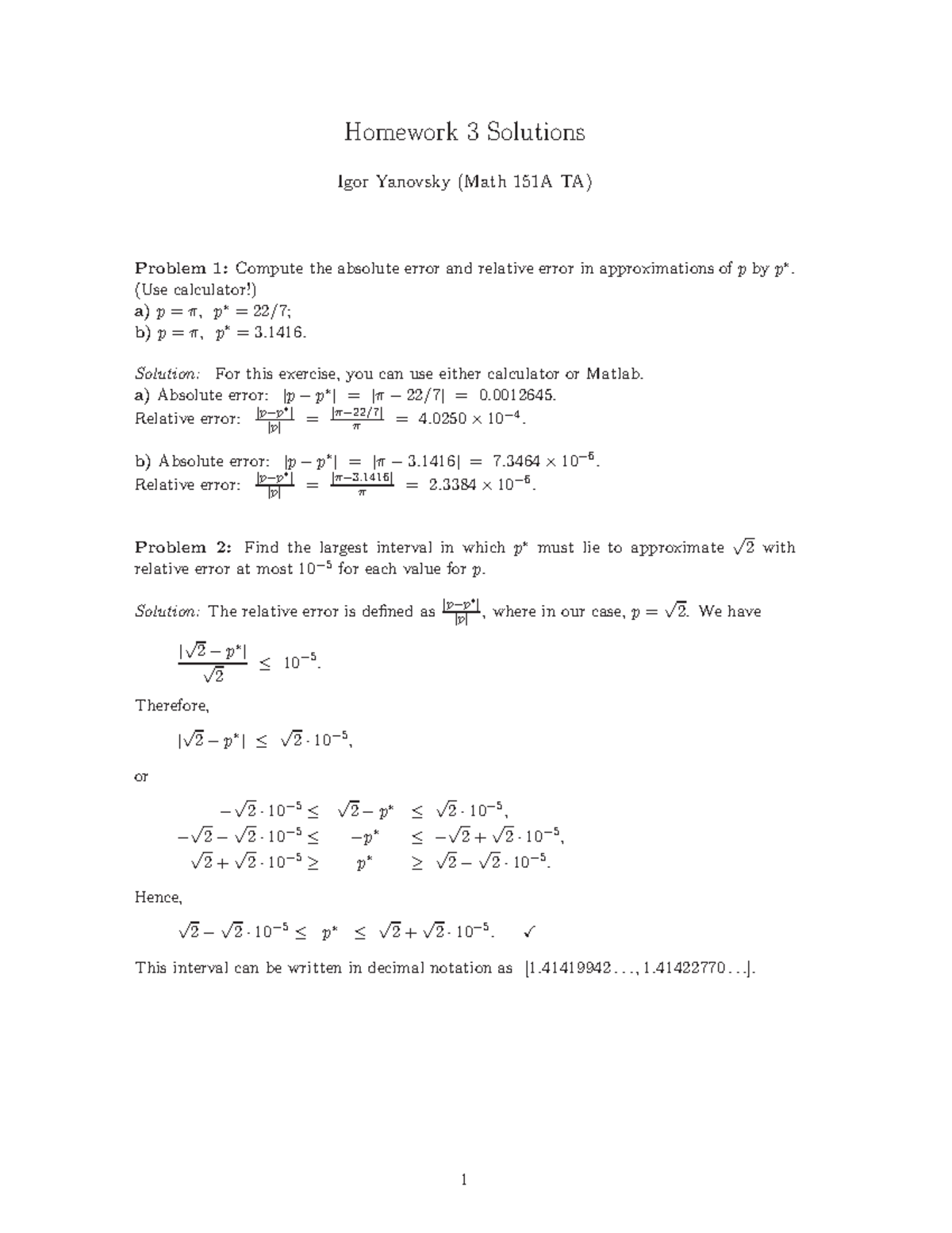 Hw3 solutions - Homework 3 Solutions Igor Yanovsky (Math 151A TA ...