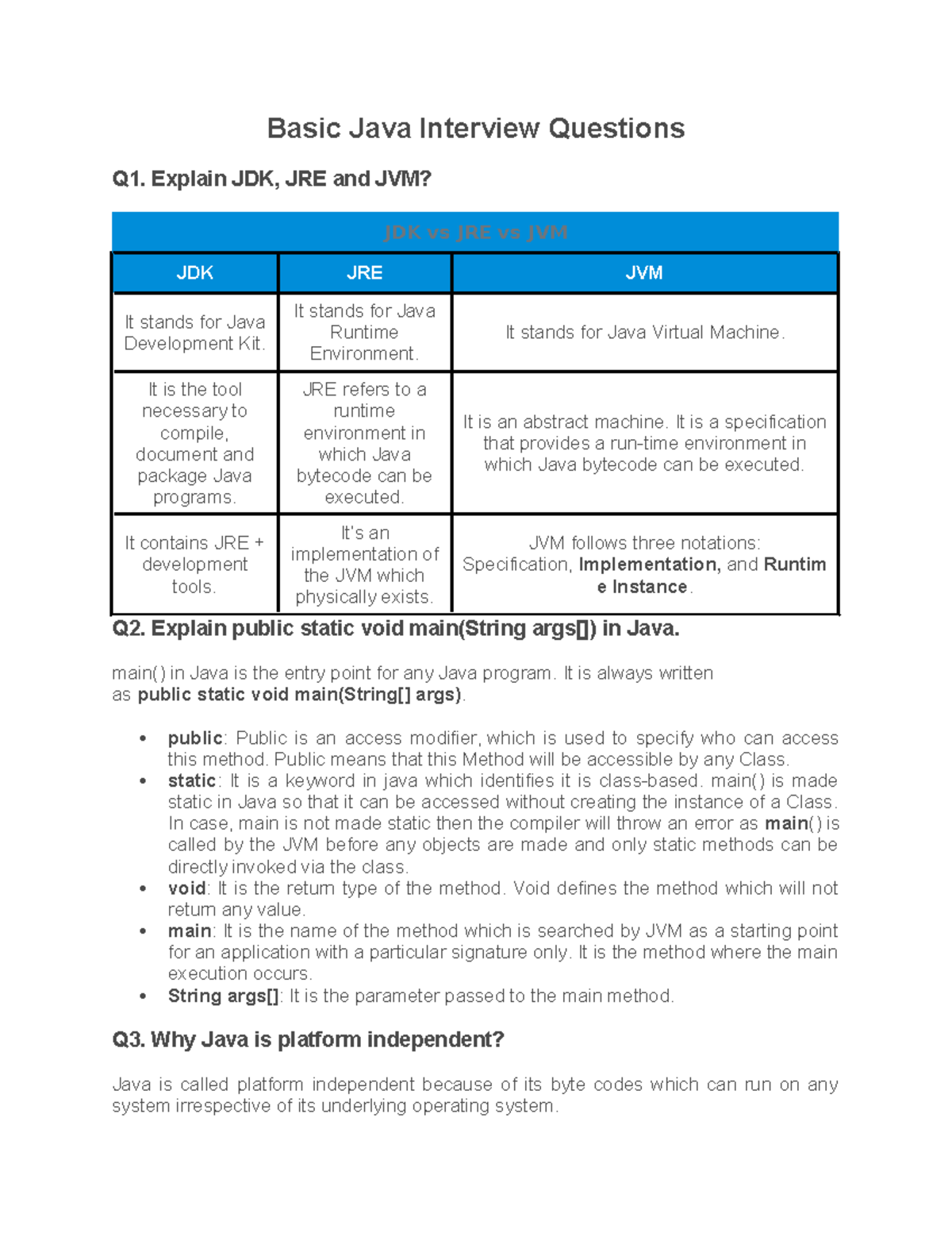 Basic Java Interview Questions - Explain JDK, JRE and JVM? JDK vs JRE vs JVM JDK JRE JVM It ...
