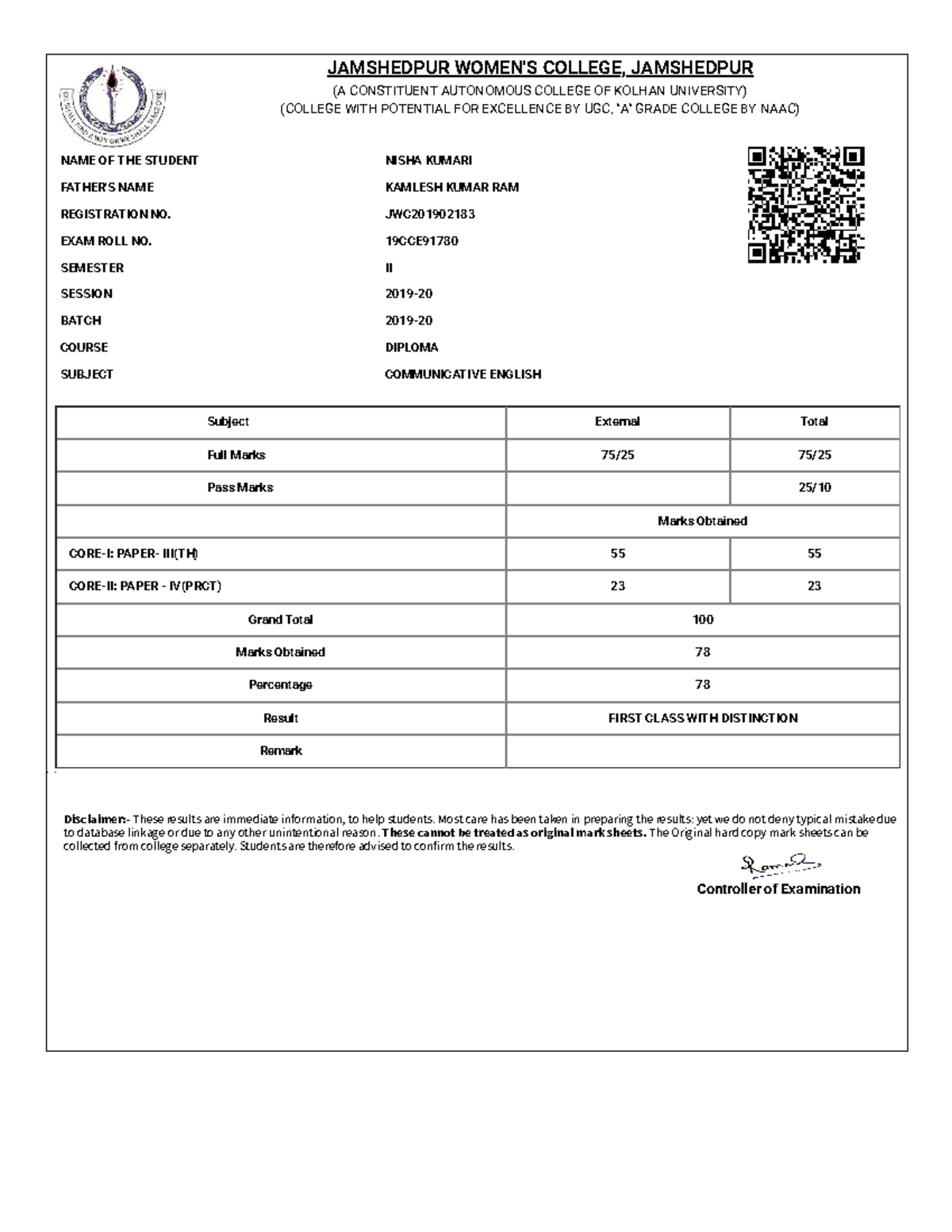 JWC::Result - Good - Controller of Examination JAMSHEDPUR WOMEN'S ...