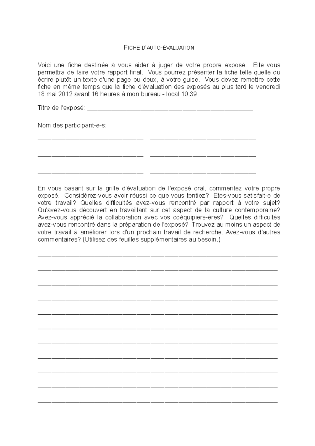 5 - auto - évaluation - FICHE D'AUTO-ÉVALUATION Voici une fiche ...
