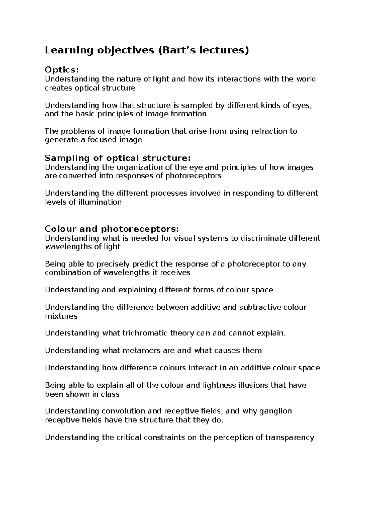 Learning objectives 2024 - Learning objectives (Bart’s lectures) Optics ...