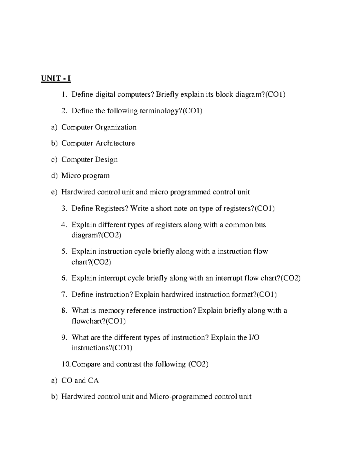COA Question BANK - computer architecture - UNIT - I Define digital computers? Briefly explain ...