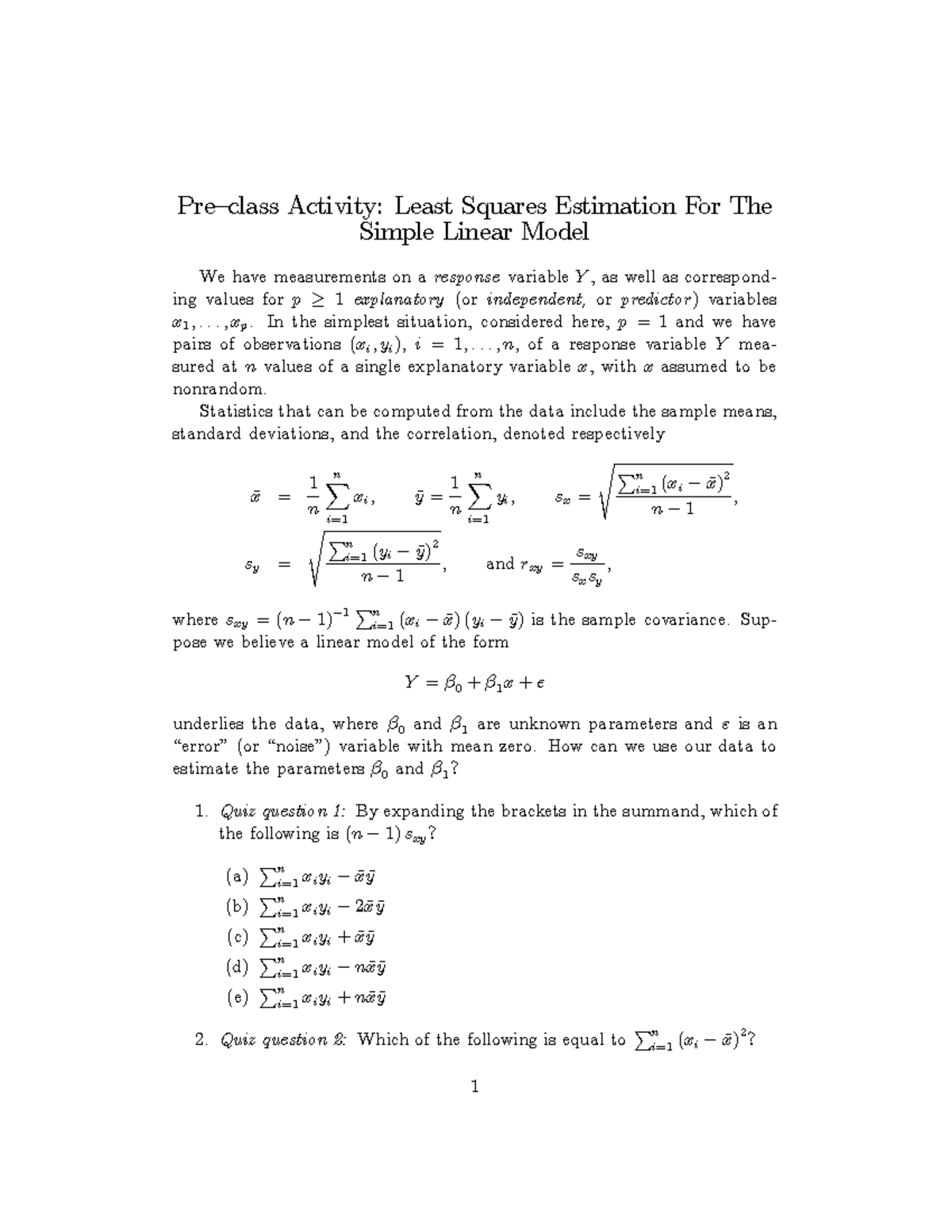 Pre Activity 2 - Preñclass Activity: Least Squares Estimation For The ...